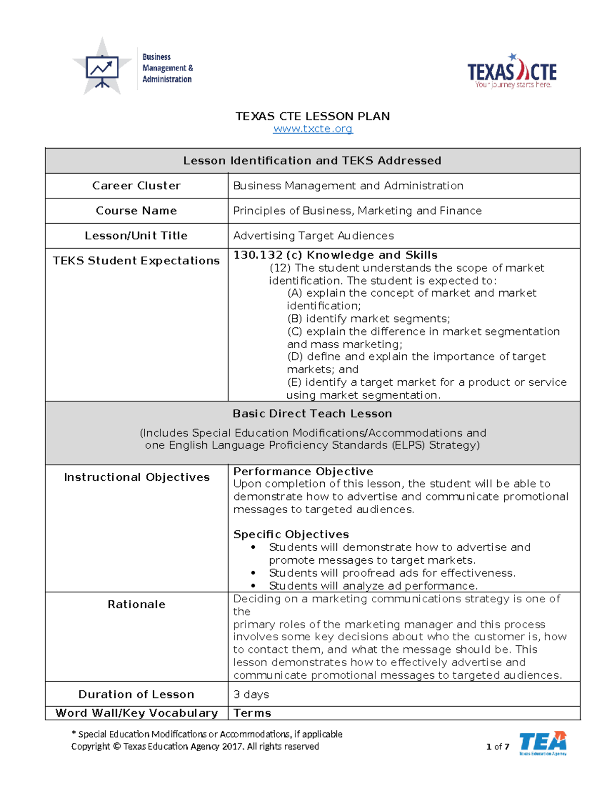 11538 Lesson Plan Advertising to Target Audiences - TEXAS CTE LESSON ...
