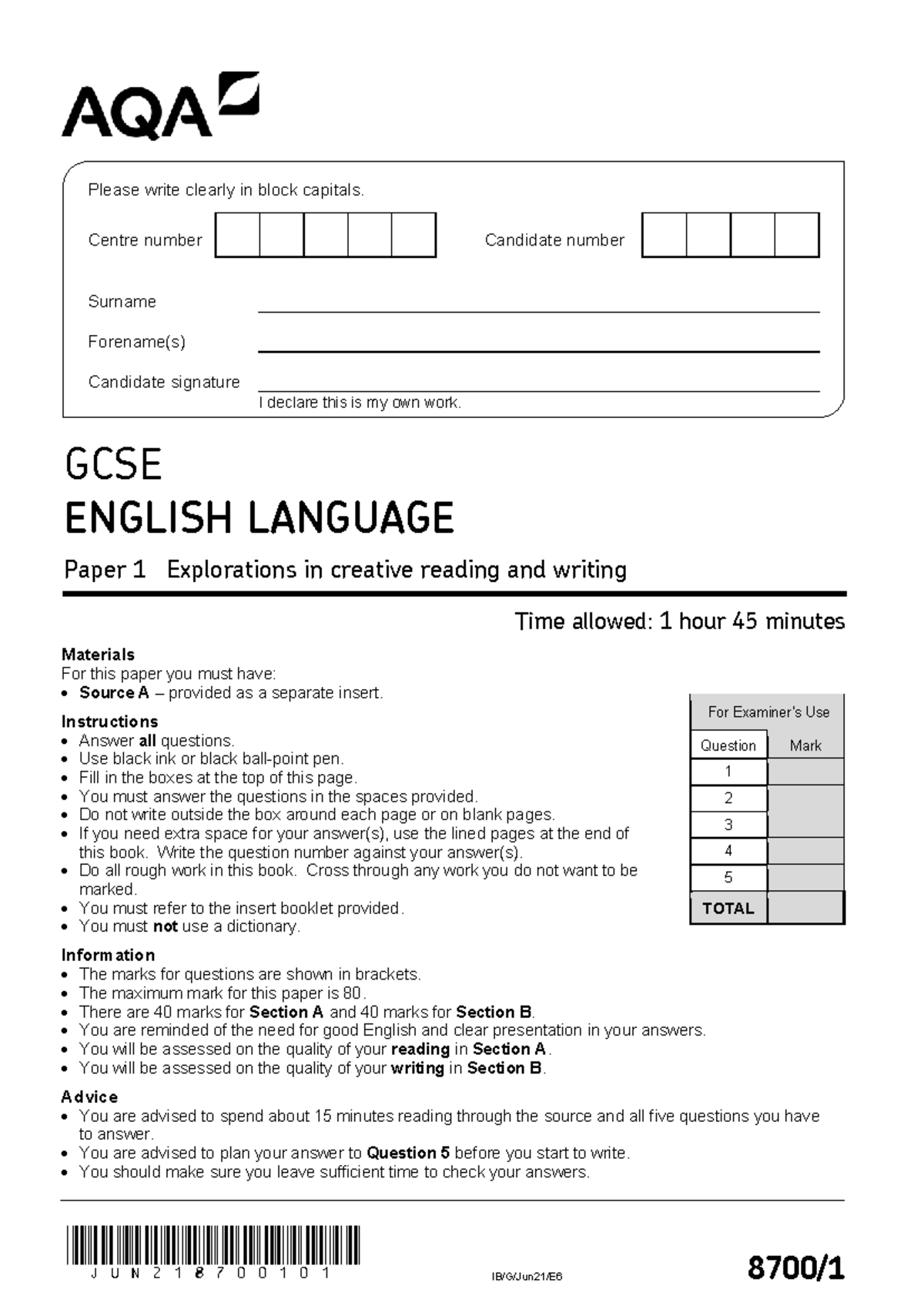 AQA GCSE English Language Paper 1 - JUN218700101 IB/G/Jun21/E6 8700 ...