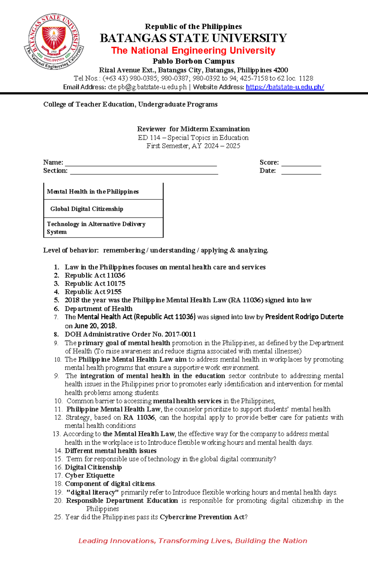 ED-114 Midterm-reviewer - Republic of the Philippines BATANGAS STATE ...