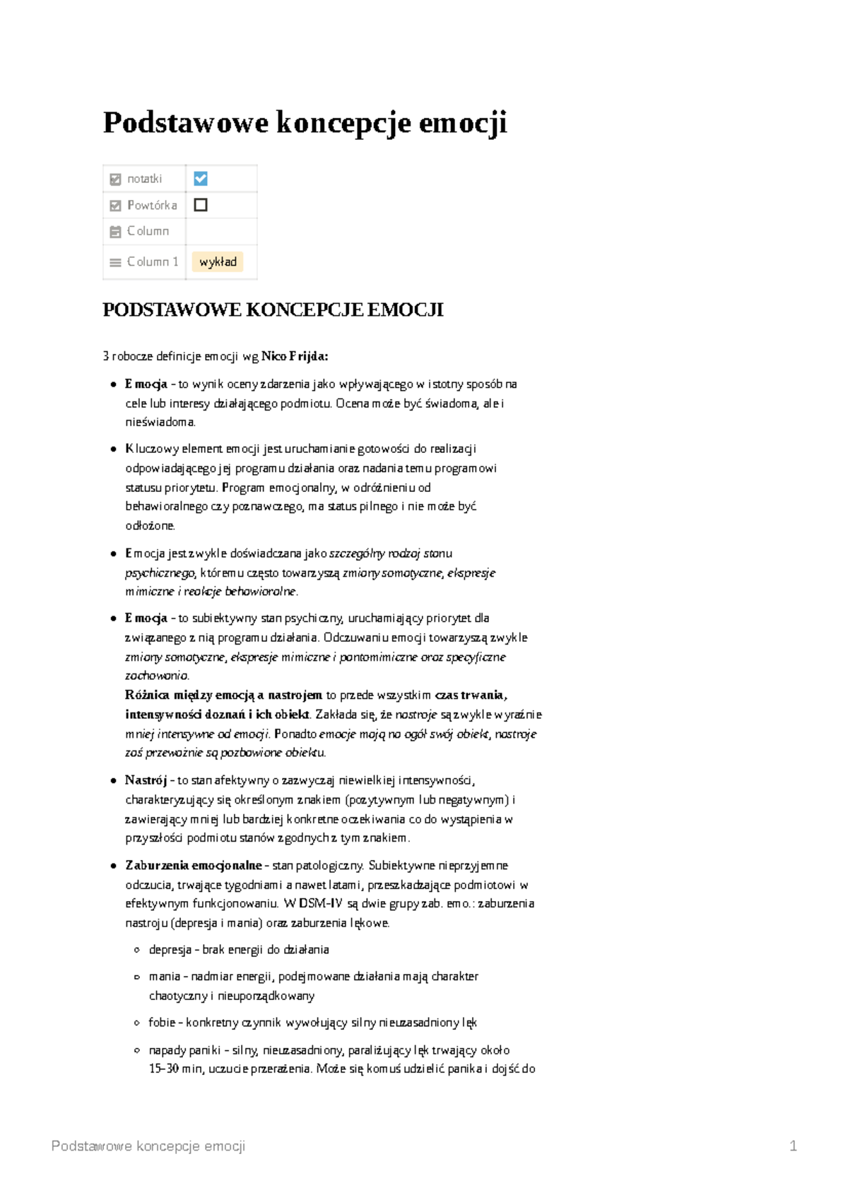 Podstawowe koncepcje emocji - Podstawowe koncepcje emocji notatki Powtórka Column Column 1 ...