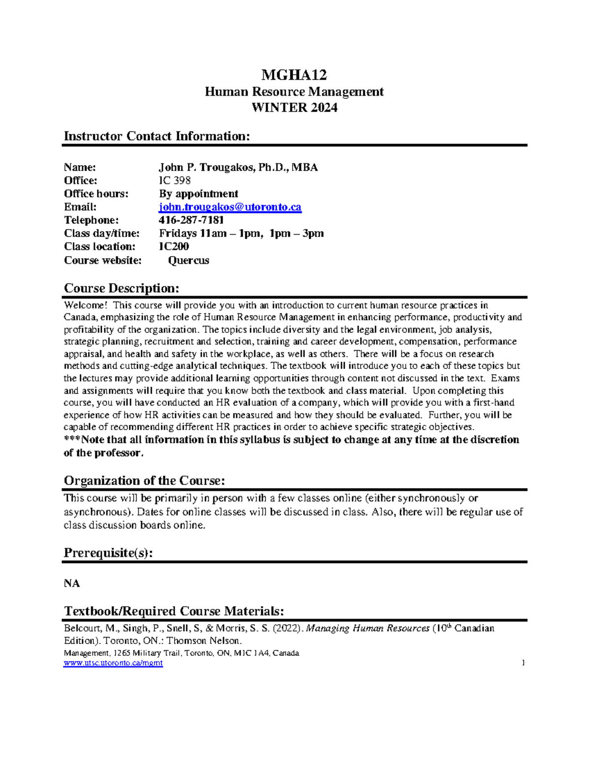 MGHA12 Syllabus Winter 2024 - Management, 1265 Military Trail, Toronto ...