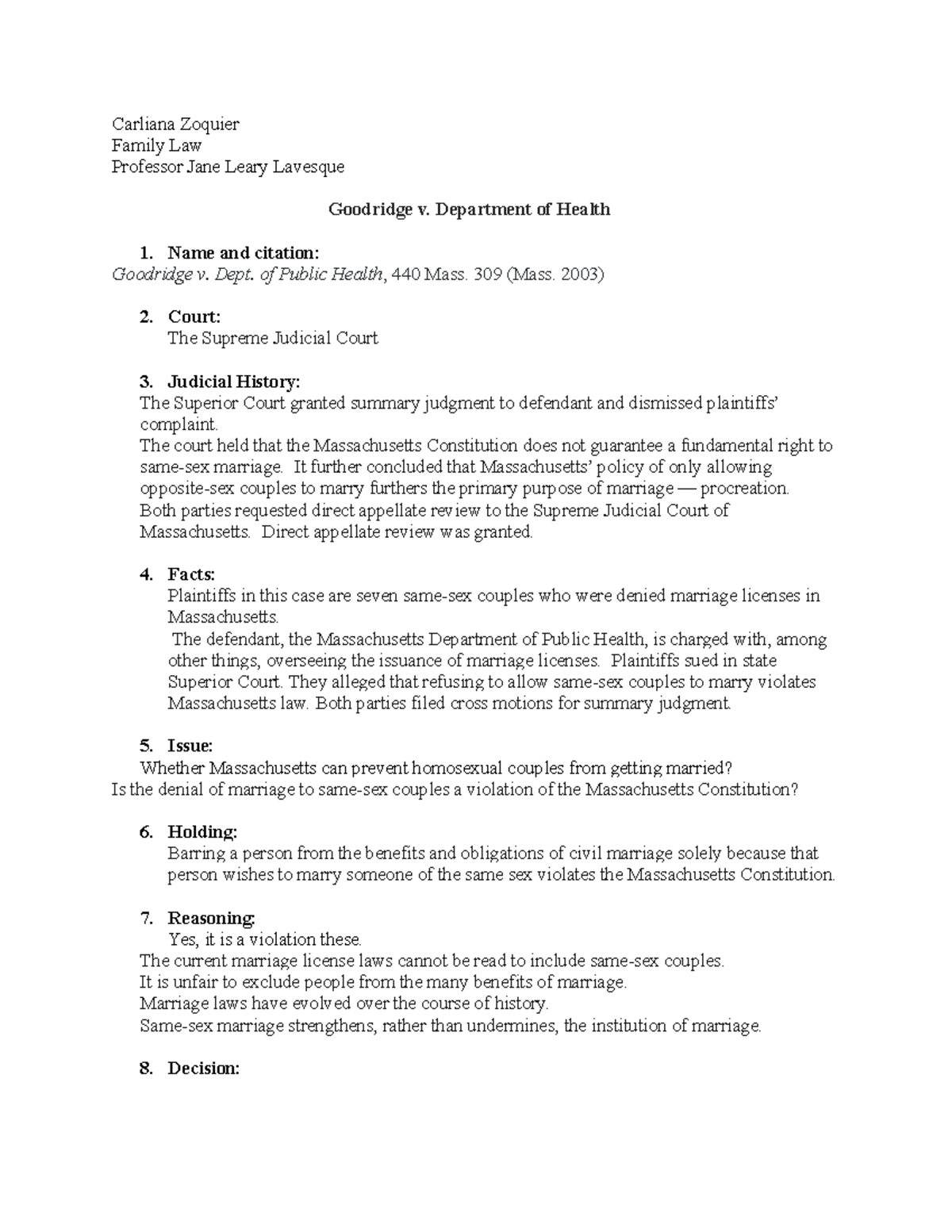 Goodridge v. Department of Health case brief - Carliana Zoquier Family ...