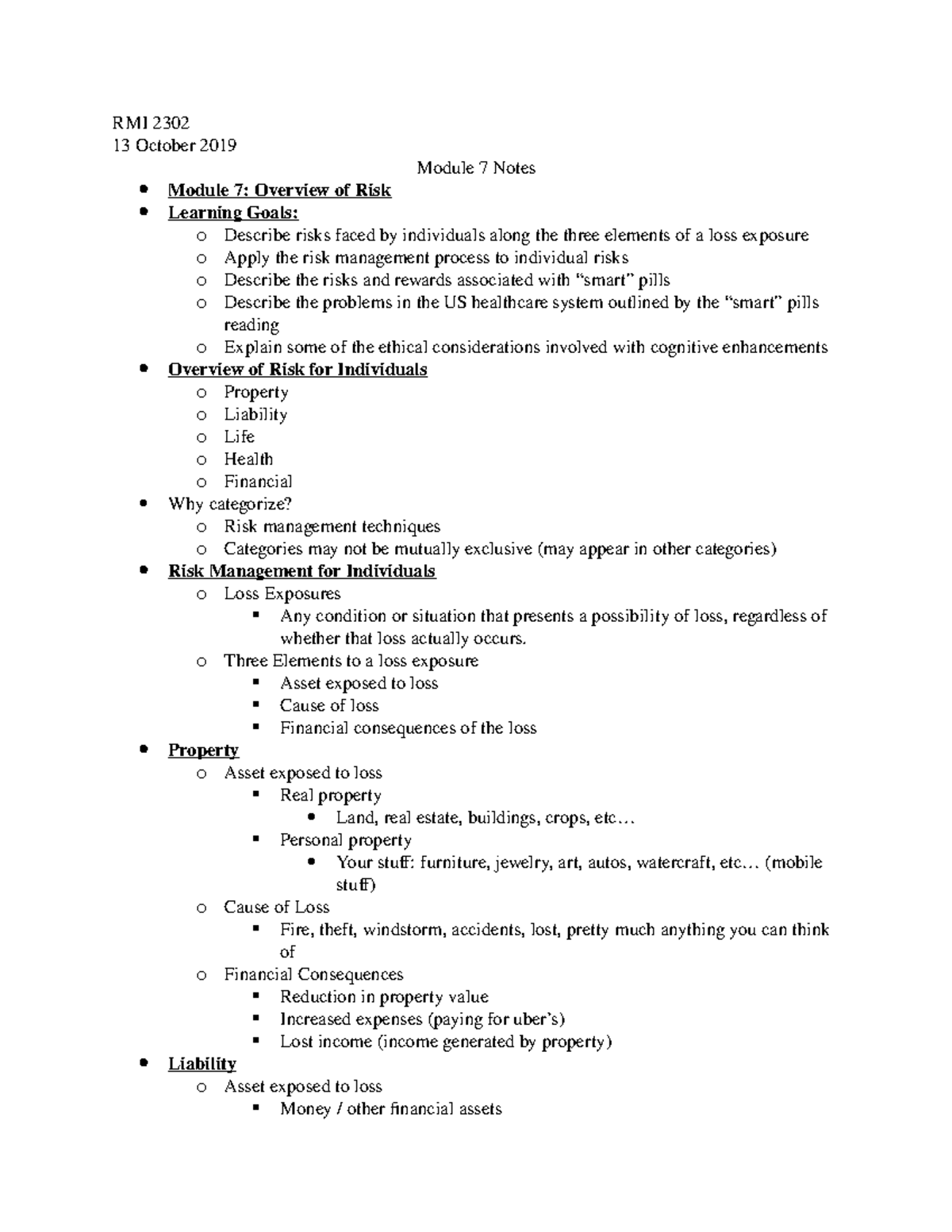 Module 7 Notes - RMI 2302 13 October 2019 Module 7 Notes Module 7 ...