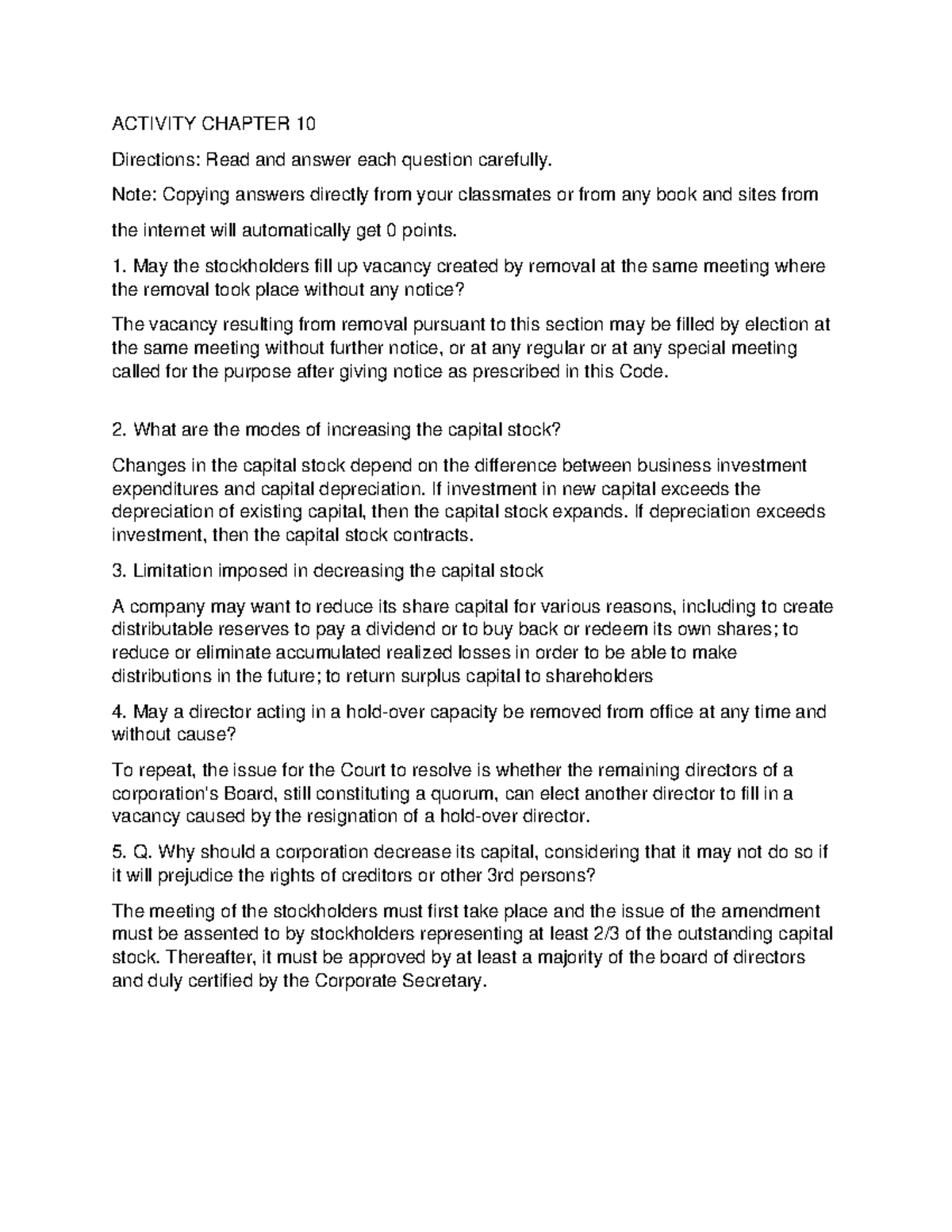 Activity Chapter 10 - cffffffffffff - ACTIVITY CHAPTER 10 Directions: Read and answer each ...