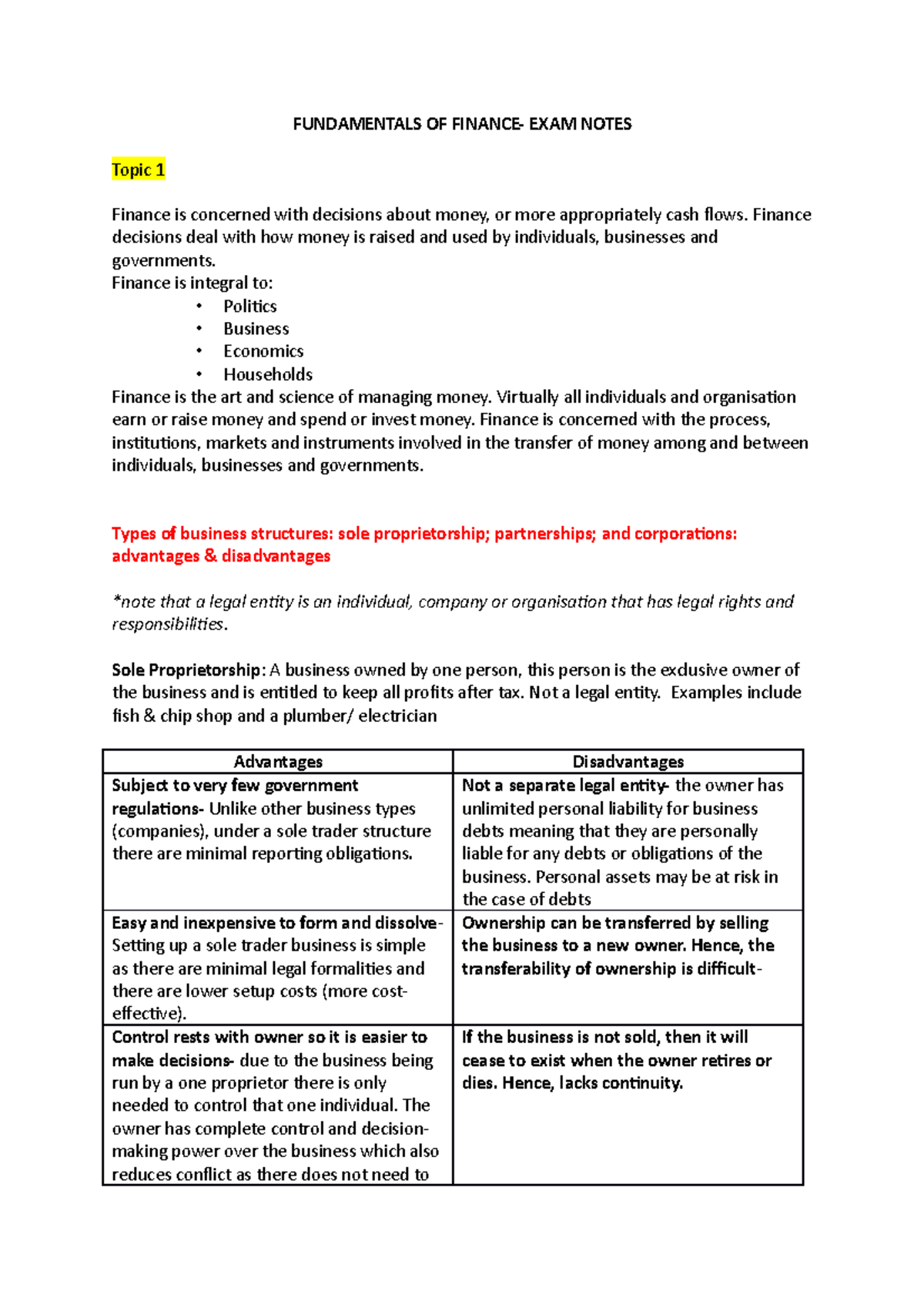 Finance Topic 1 - Lecture notes 1-3 - FUNDAMENTALS OF FINANCE- EXAM ...