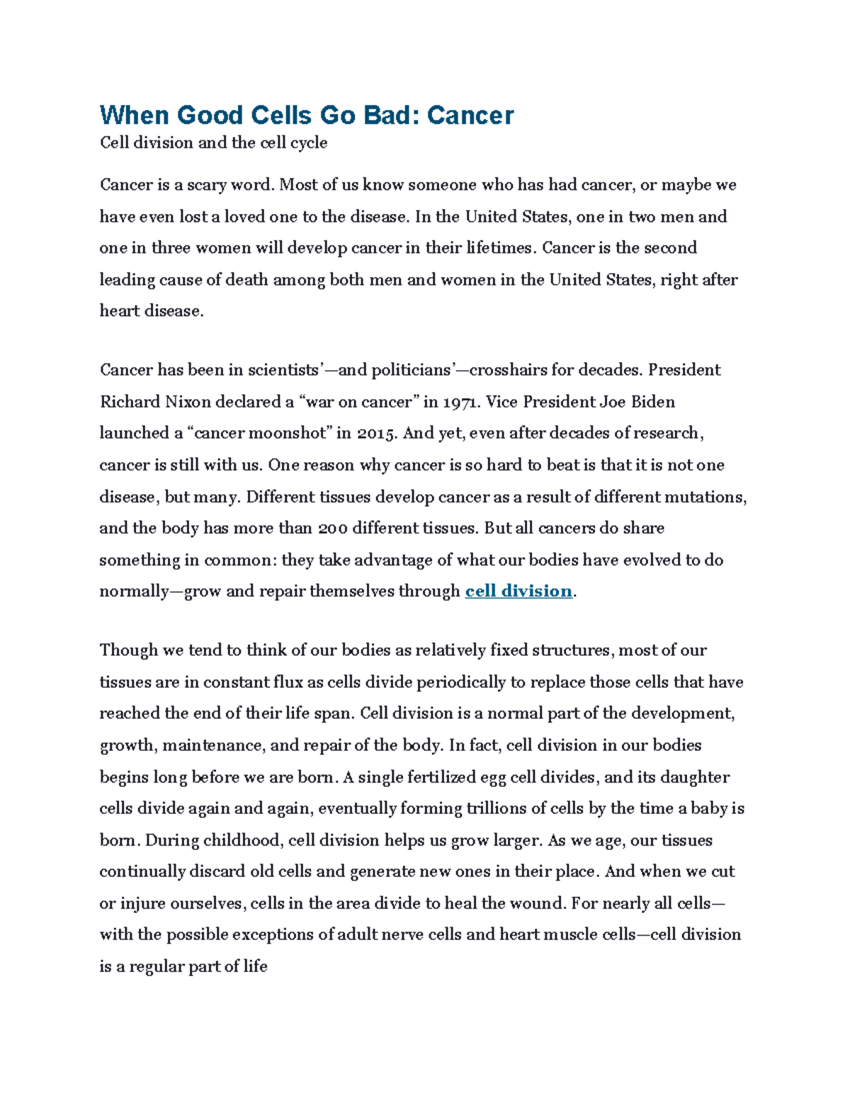 Bio ch. 10.1- When Good Cells Go Bad Cancer - When Good Cells Go Bad ...