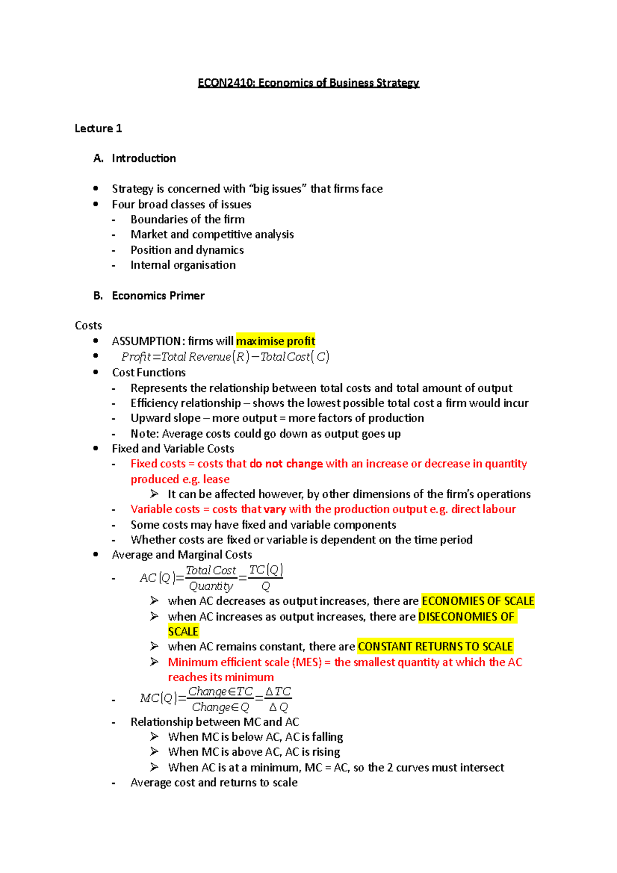 ECON2410 Mid Sem Notes - ECON2410: Economics of Business Strategy ...