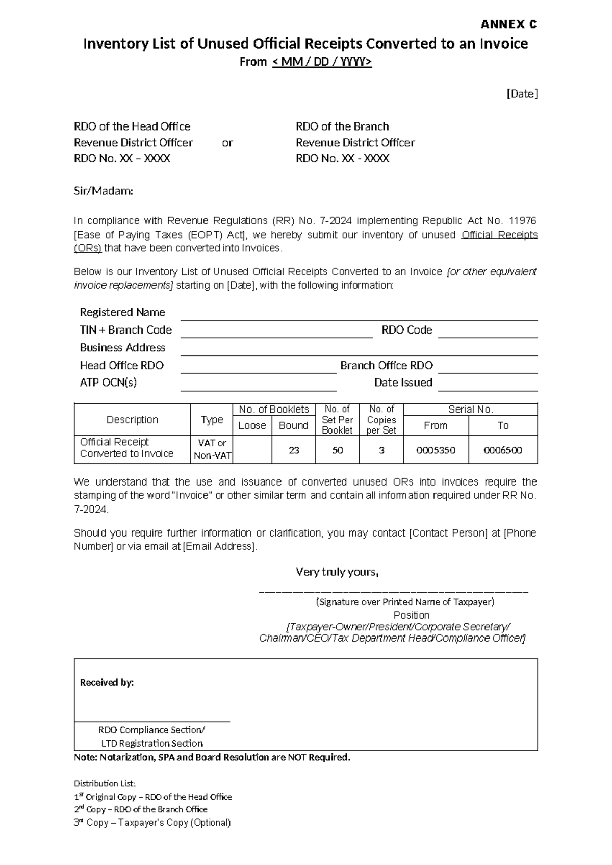 RMC No. 77-2024 Annex C-D-v2 - ANNEX C Inventory List of Unused ...