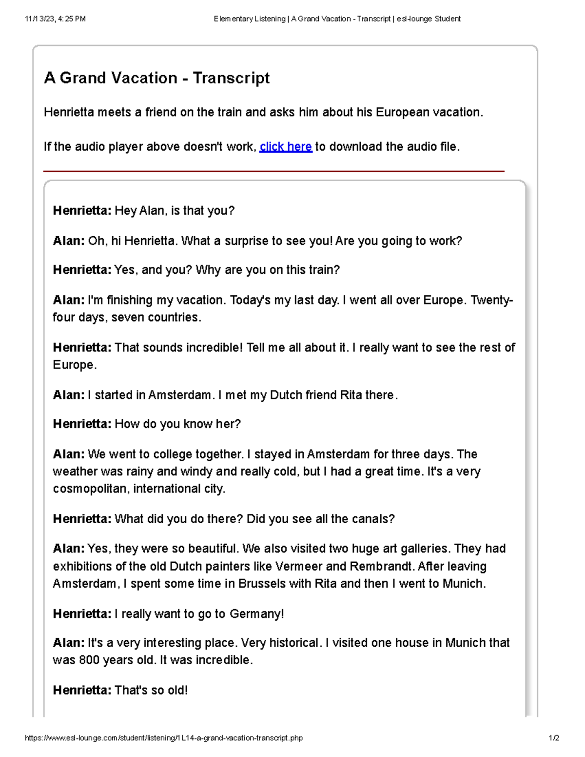 Elementary Listening A Grand Vacation - Transcript esl-lounge Student ...
