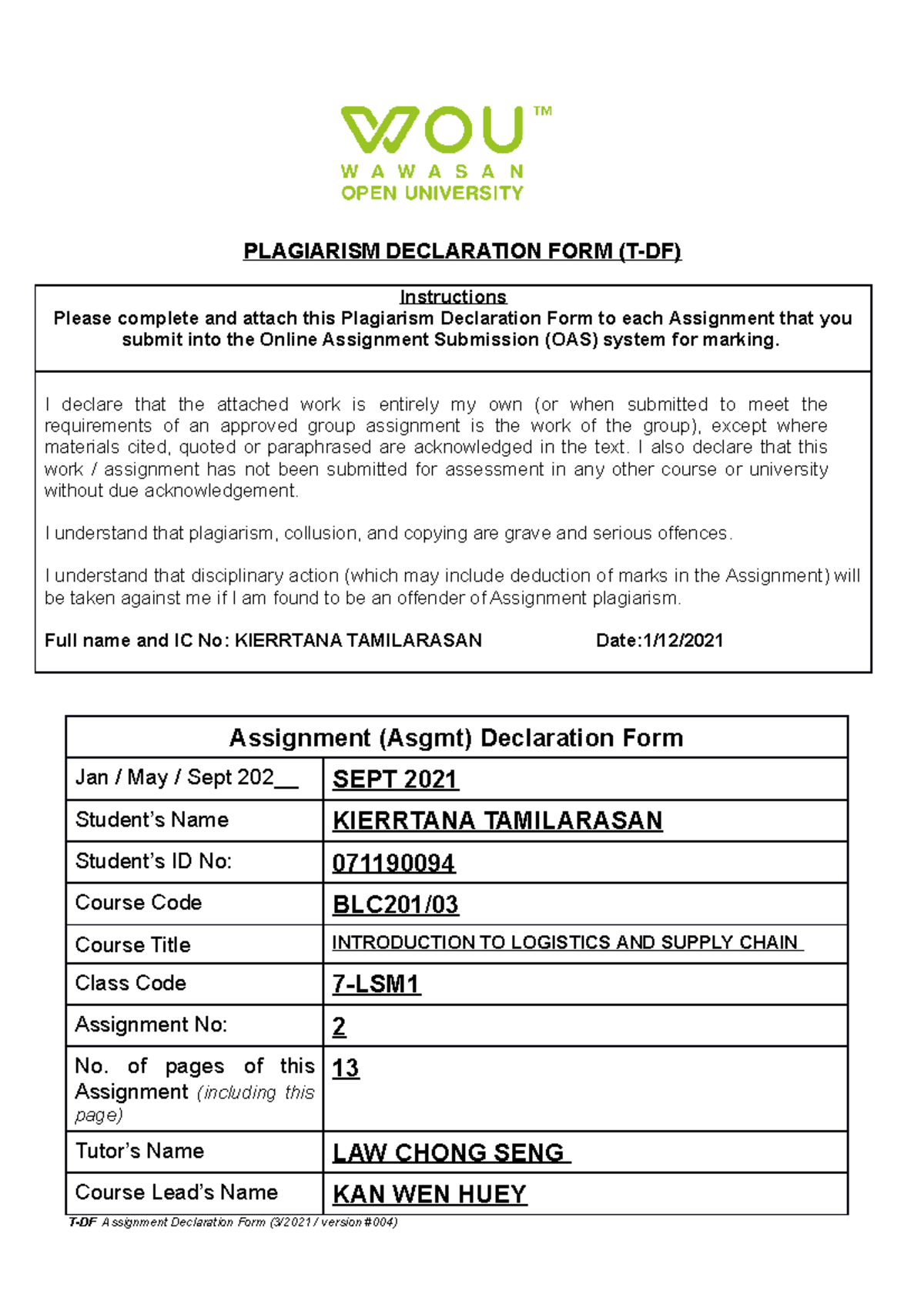 Introduction TO Logistics - PLAGIARISM DECLARATION FORM (T-DF ...