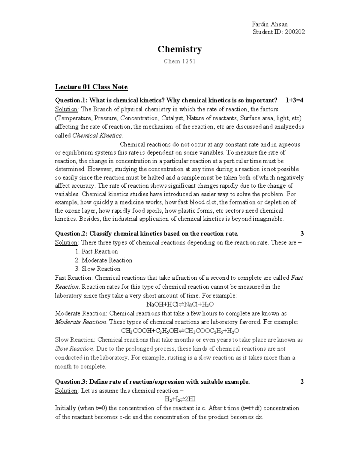 Class Lecture Note-1 - Fardin Ahsan Student ID: 200202 Chemistry Chem ...
