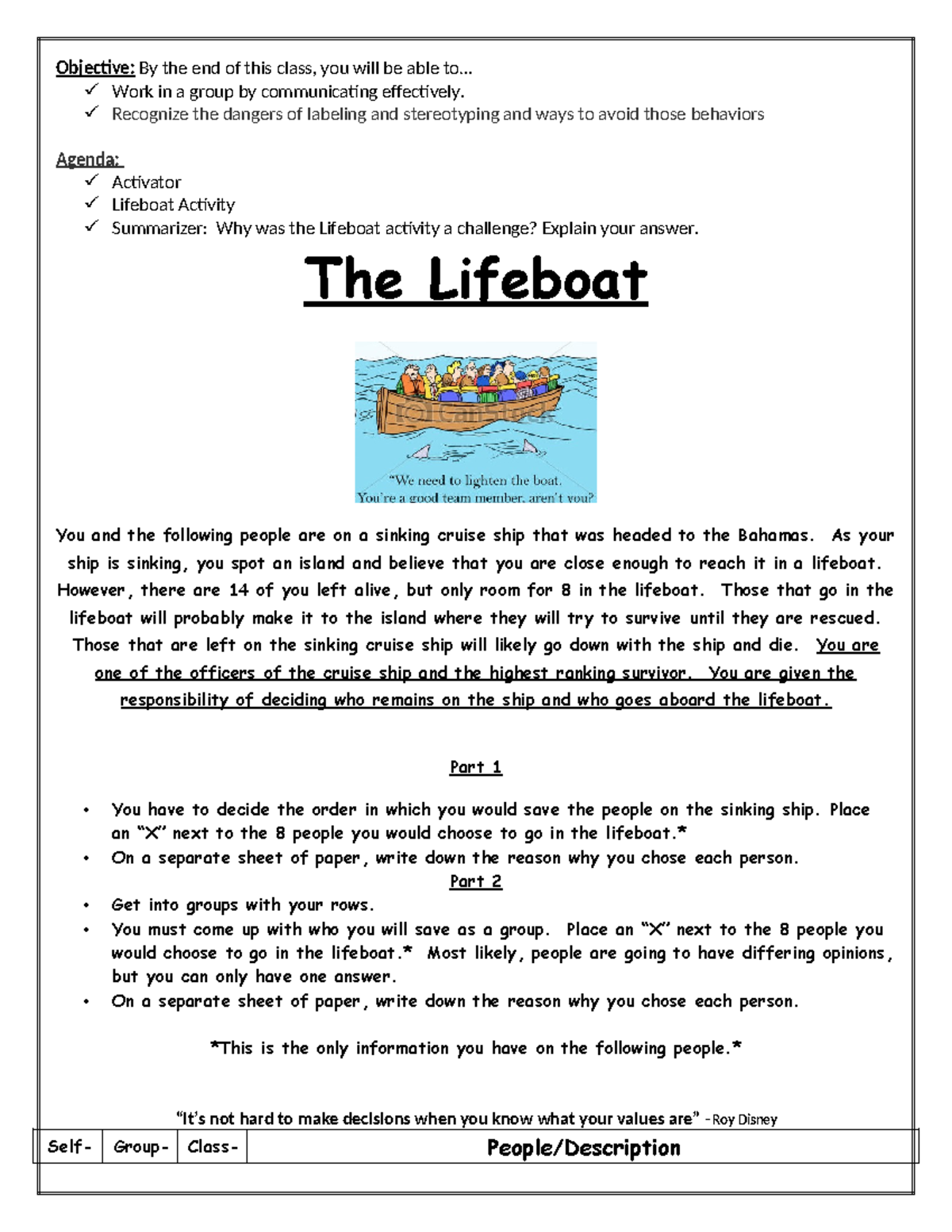 The Lifeboat Activity - Objective: By the end of this class, you will ...