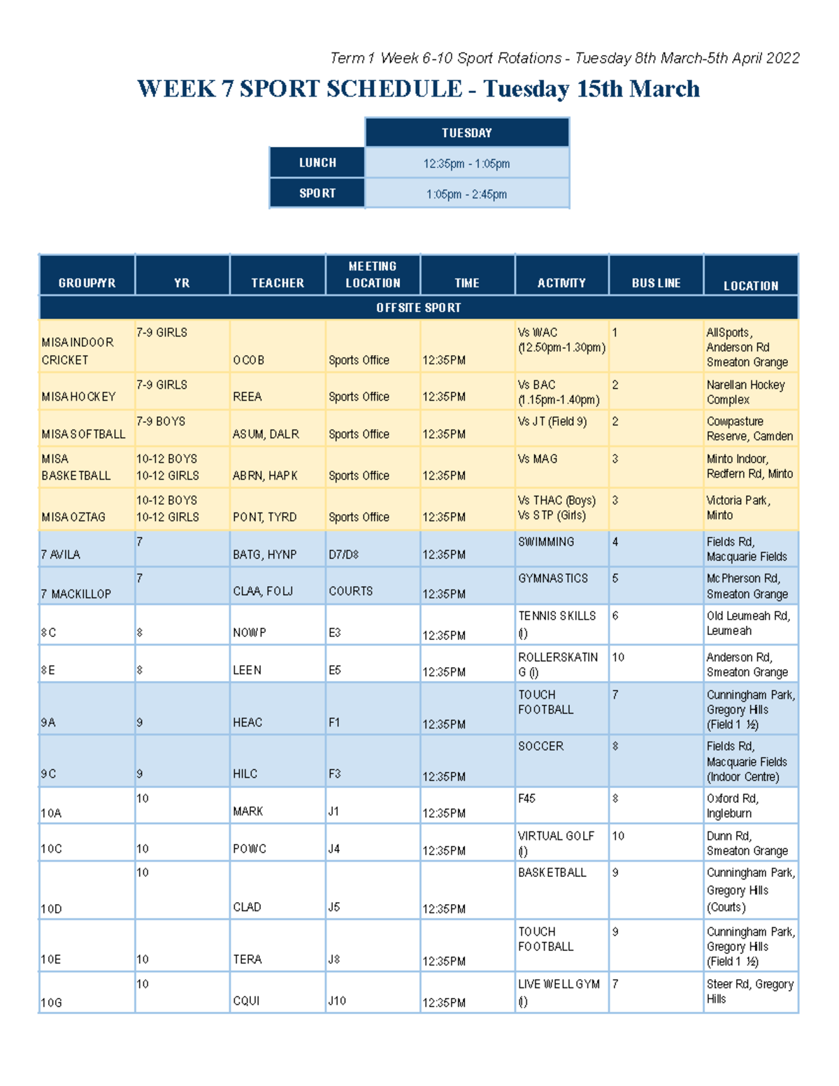 Term 1 Week 7 Sport Schedule - Tuesday 15th March 2022 - Term 1 Week 6 ...