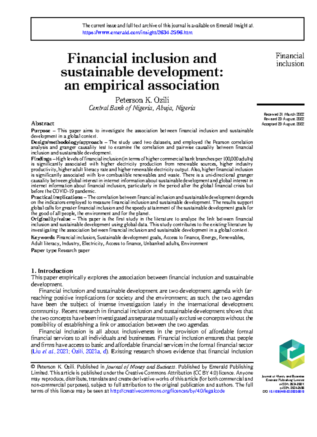 FI and SDG Ozili - Research Paper - Financial inclusion and sustainable ...