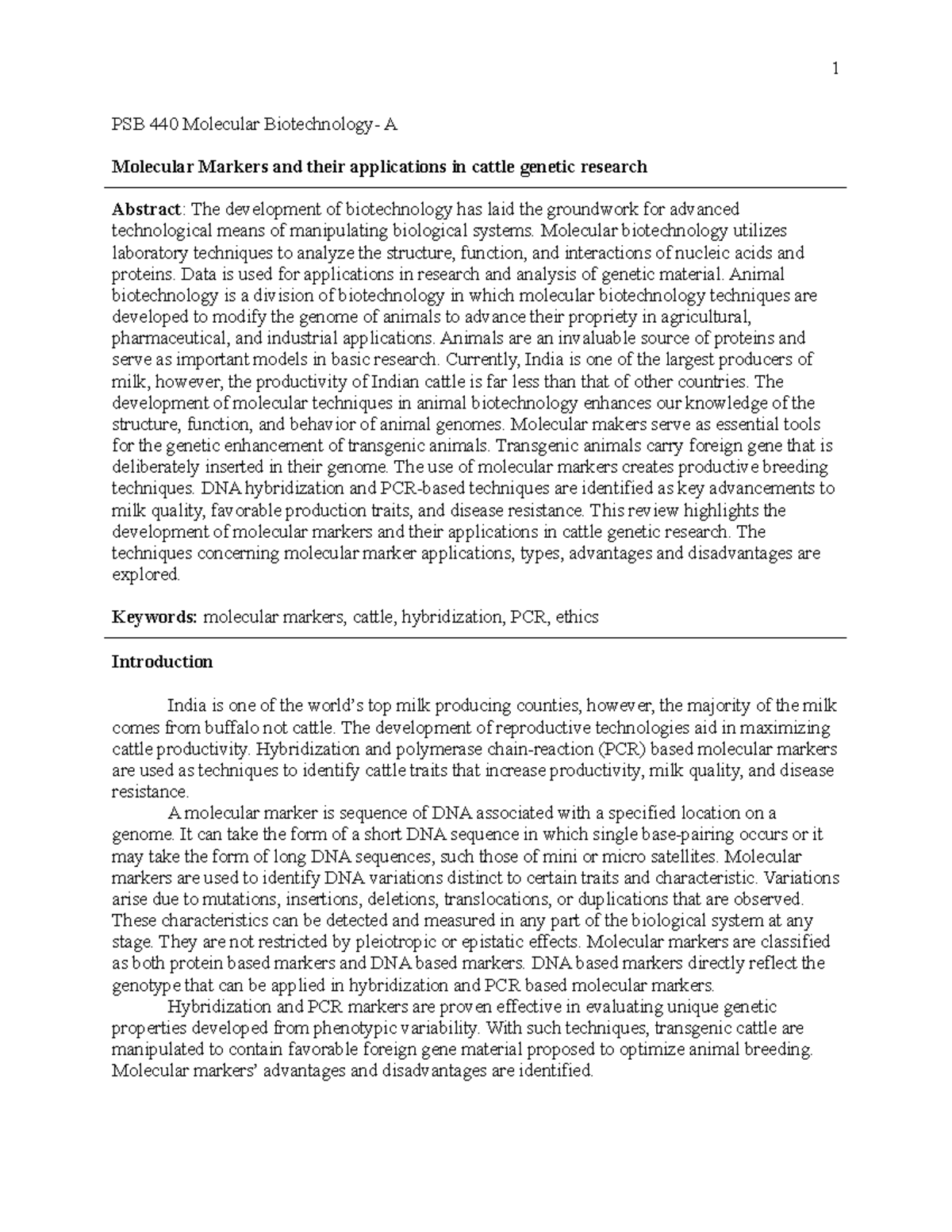 Molecular Biotech Essay - PSB 440 Molecular Biotechnology- A Molecular ...