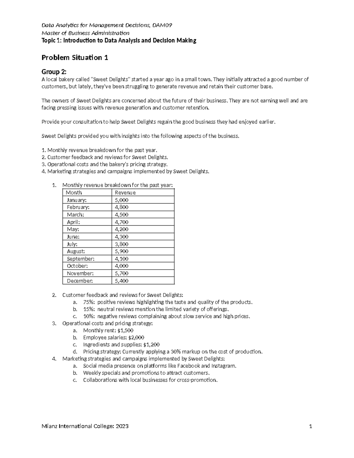 Problem Situation 1 Group 2 - Data Analytics for Management Decisions, DAM Master of Business ...
