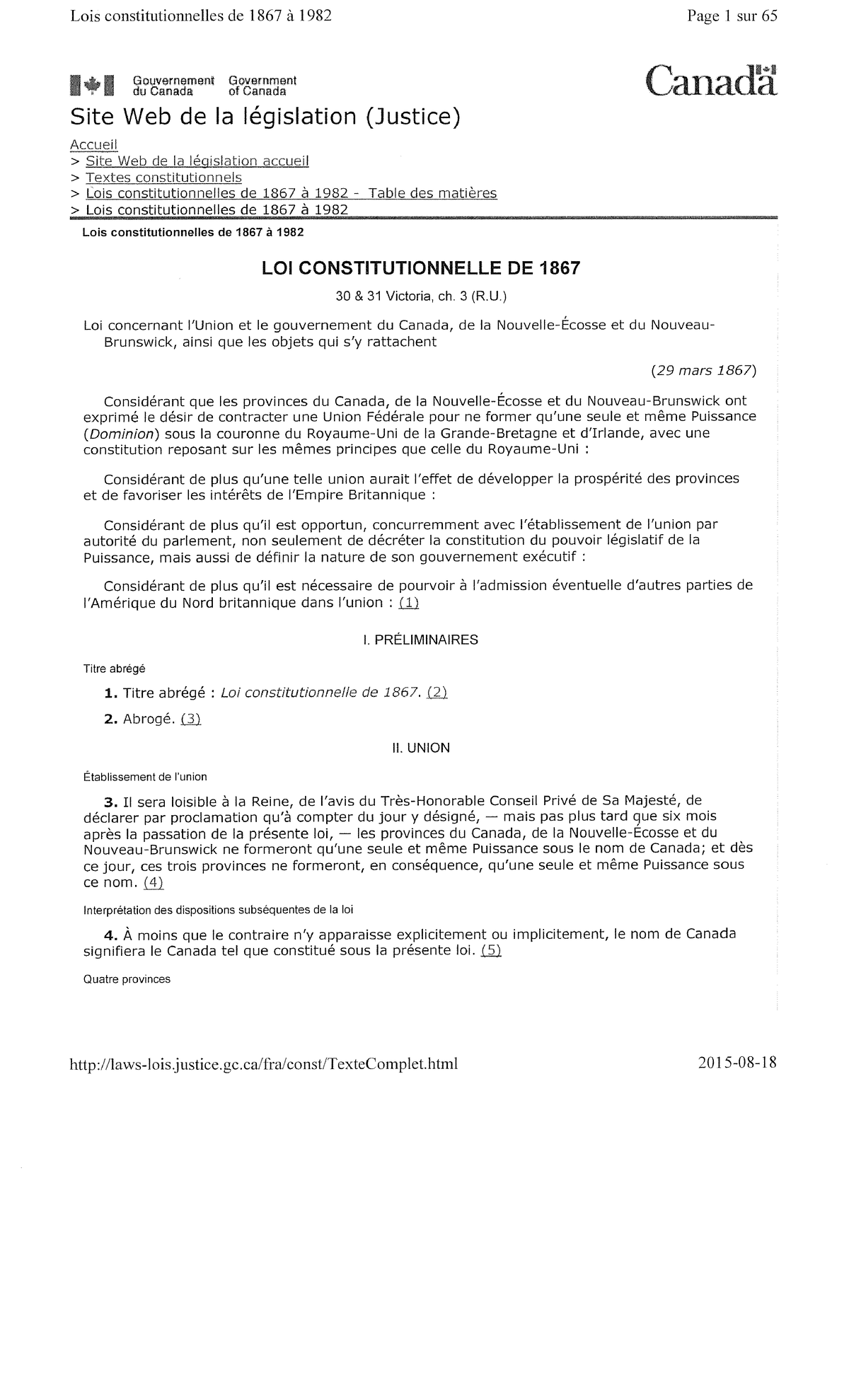 Loi constitutionnelle de 1867 (mise à jour) - DRT-1501 - Studocu