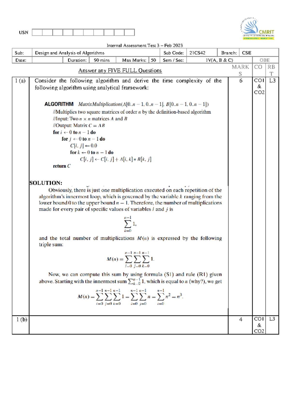Iat1 paper DBMS - USN Internal Assessment Test 3 – Feb 2023 Sub: Design ...