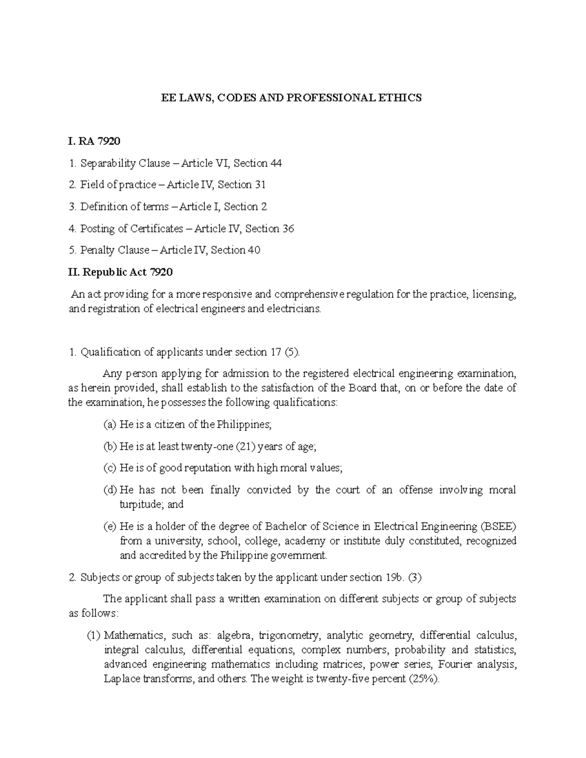 EE laws - References - EE LAWS, CODES AND PROFESSIONAL ETHICS I. RA ...