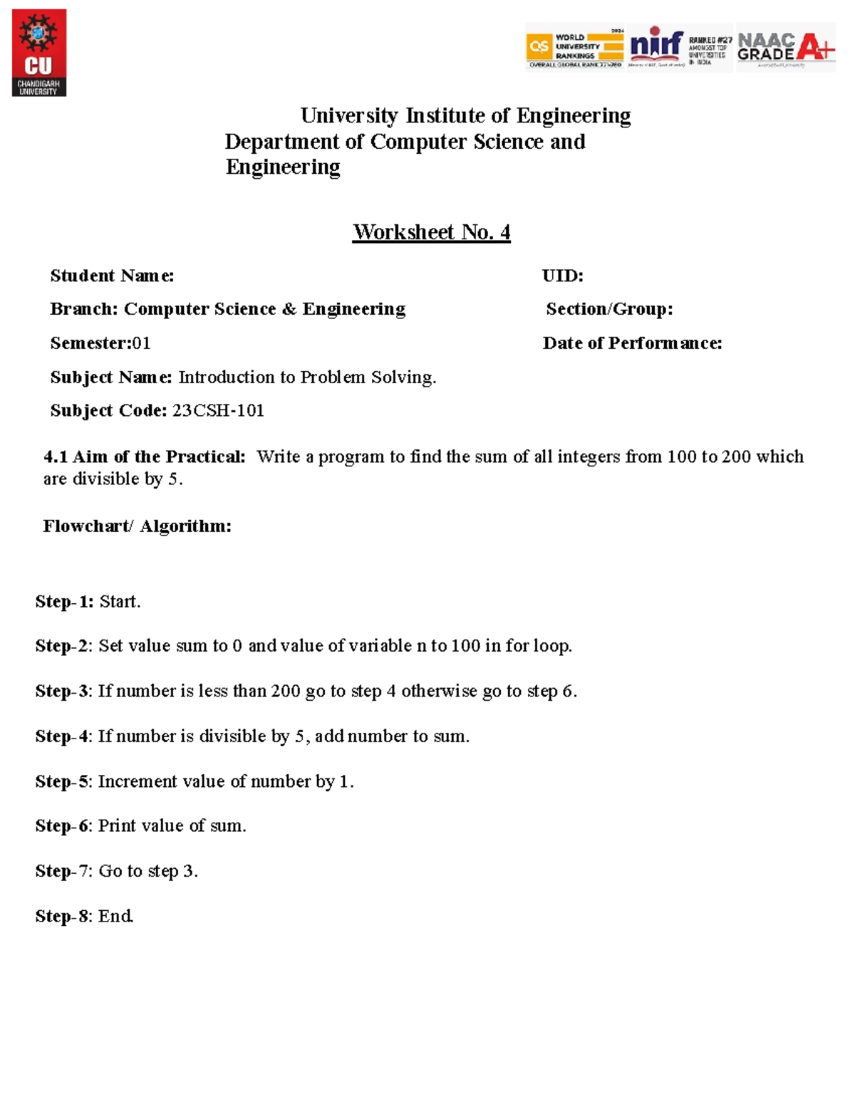Armstrong ANDsumof inteagers - University Institute of Engineering Department of Computer ...