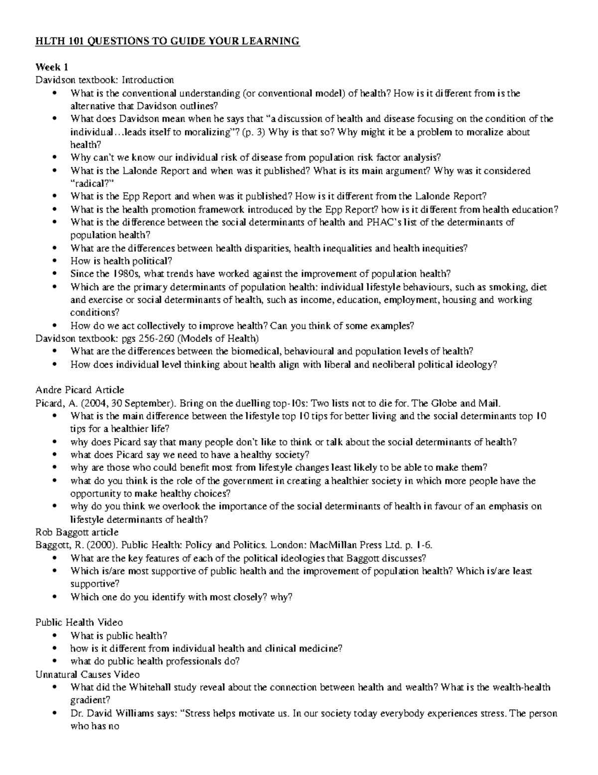 HLTH 101 Questions TO Guide YOUR Learning - HLTH 101 QUESTIONS TO GUIDE YOUR LEARNING Week 1 ...