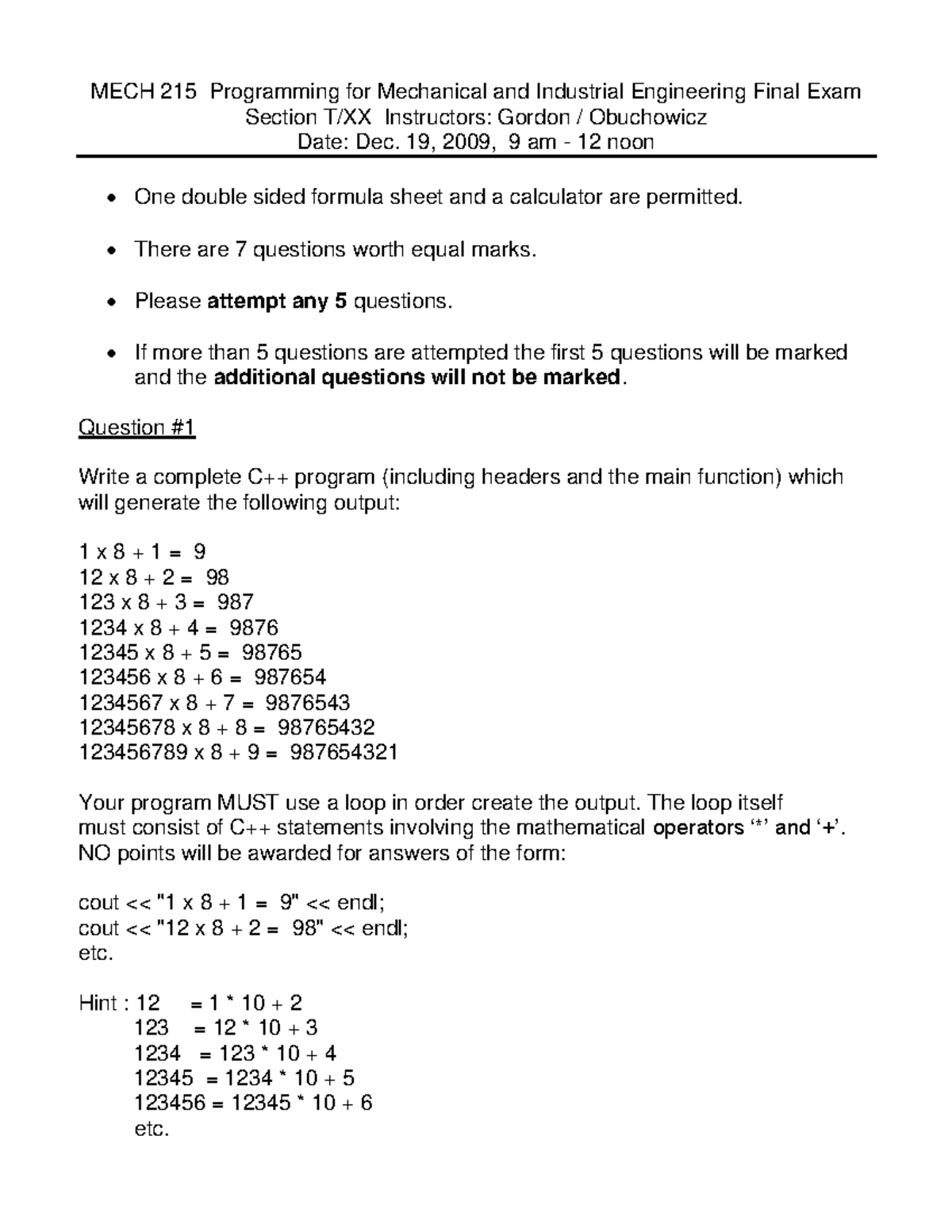 Mech215 exam final - MECH 215 Programming for Mechanical and Industrial ...