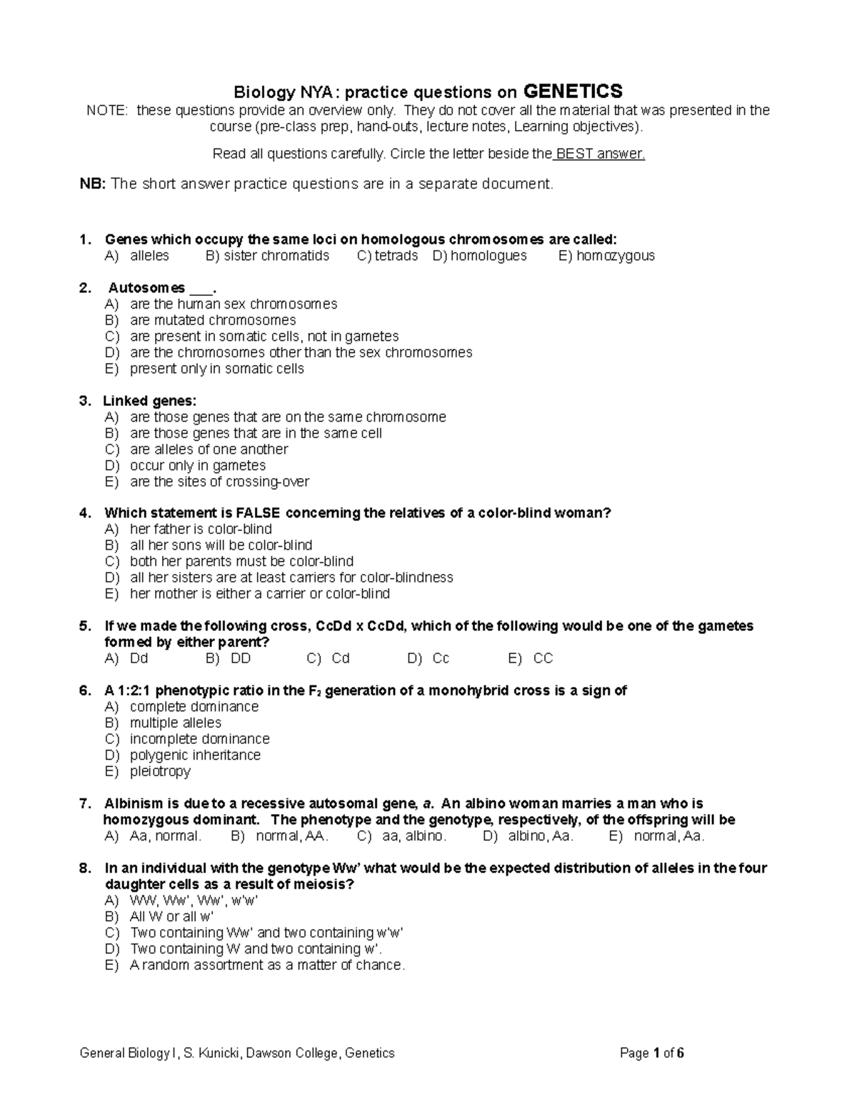 NYA Genetics multiple choice - Biology NYA: practice questions on ...