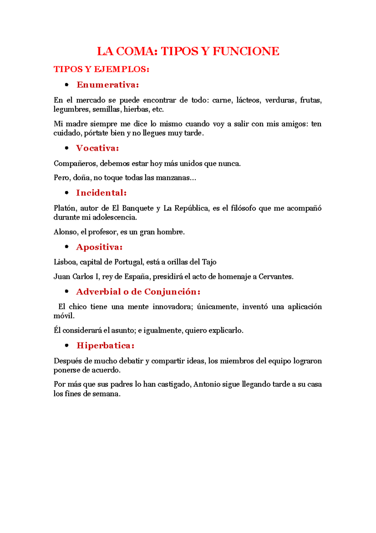 LA COMA - ejemplos de coma - LA COMA: TIPOS Y FUNCIONE TIPOS Y EJEMPLOS ...