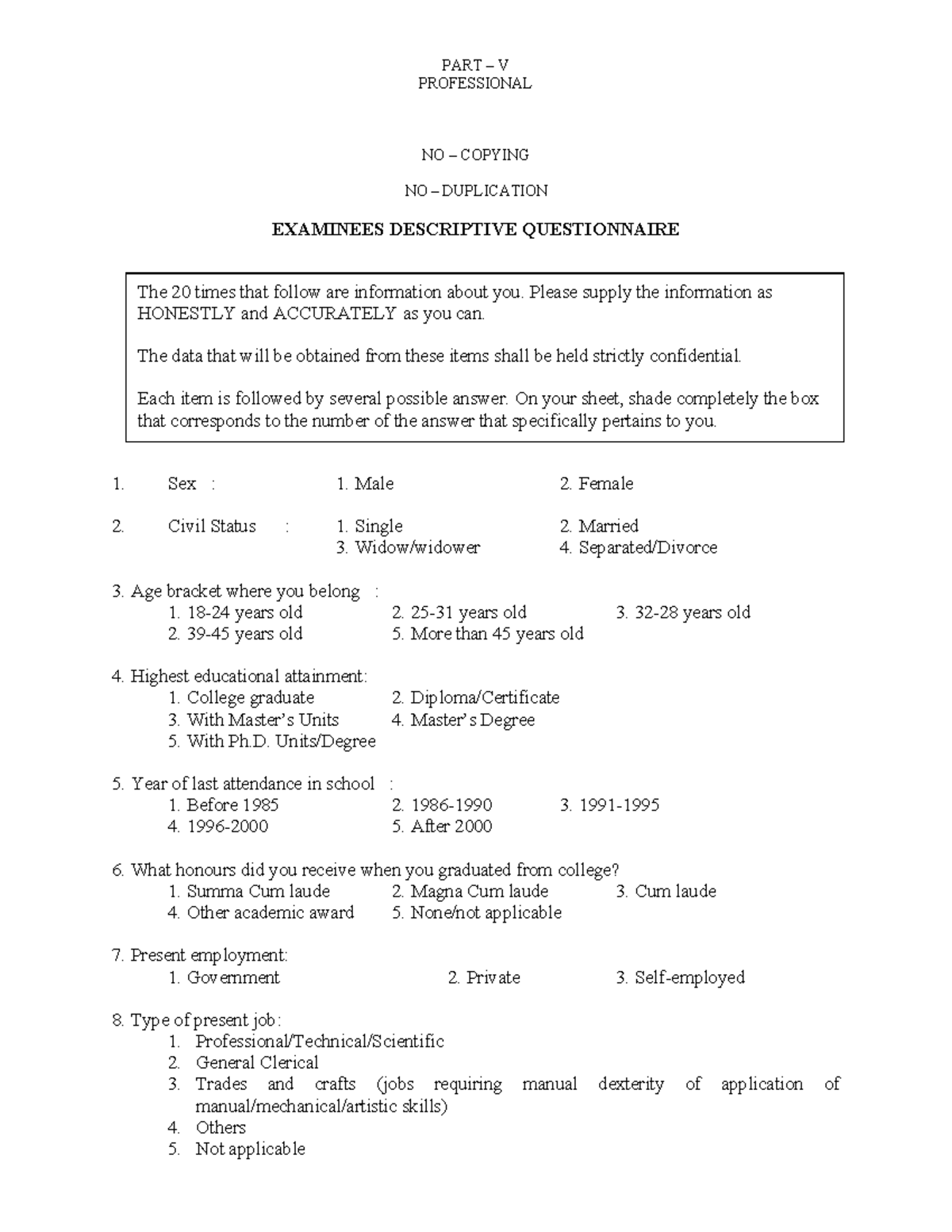 Civil Service Reviewer Part I PART V PROFESSIONAL NO COPYING NO