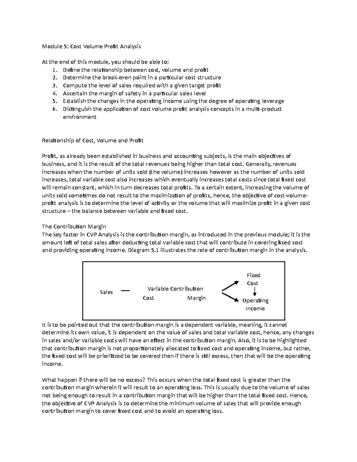 Cvp Analysis Lecture Notes 1 10 Sales Variable Contribution Fixed Cost Cost Margin Operating