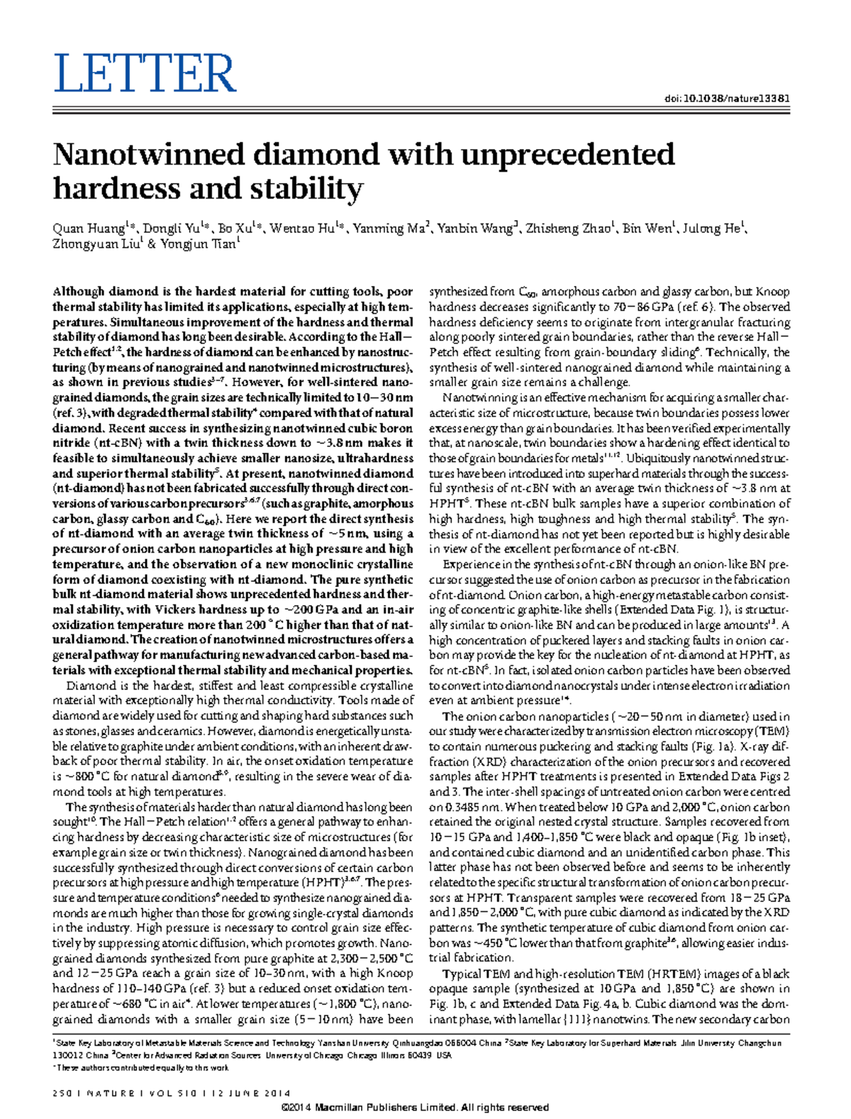 Lecture 03 Huang-2014-Nanotwinned-diamond-with-unpreceden - LETTER doi ...
