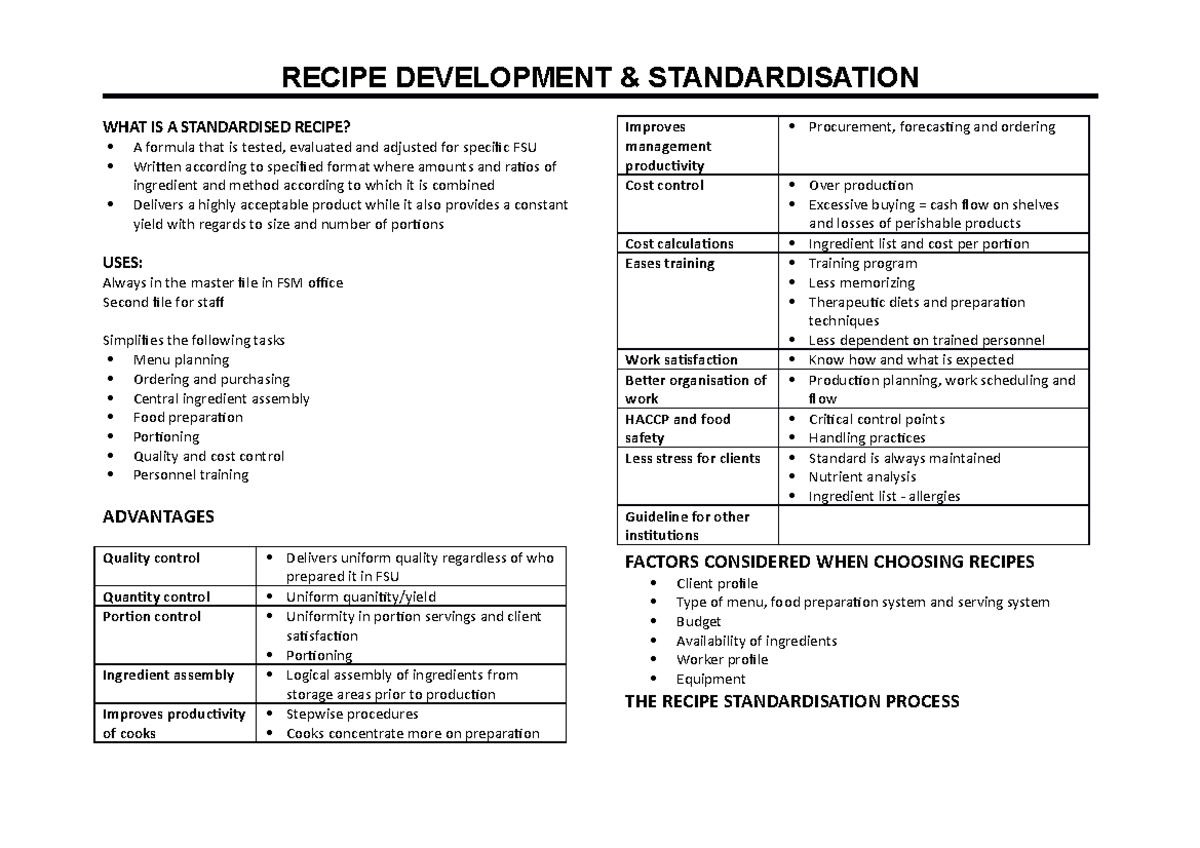 Recipe Standardisation Summary - RECIPE DEVELOPMENT STANDARDISATION ...