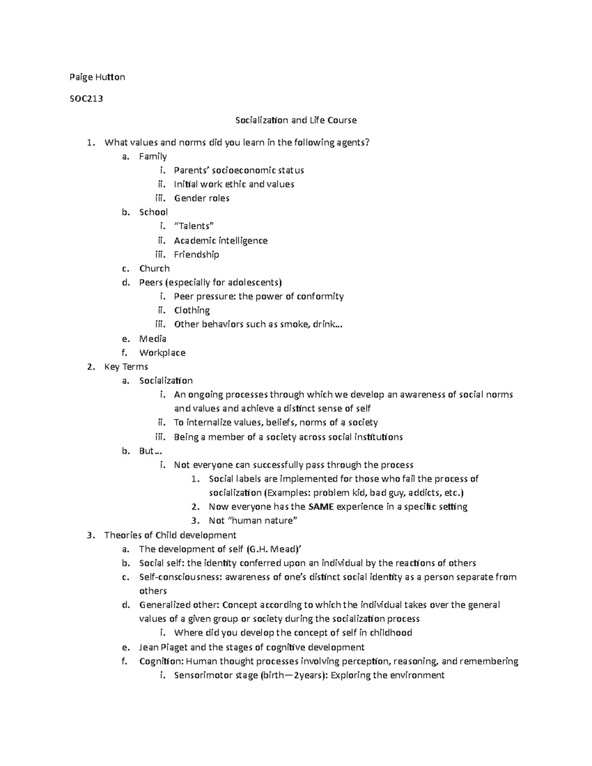 SOC213 Socialization and Life Course Notes - Paige Hutton SOC ...