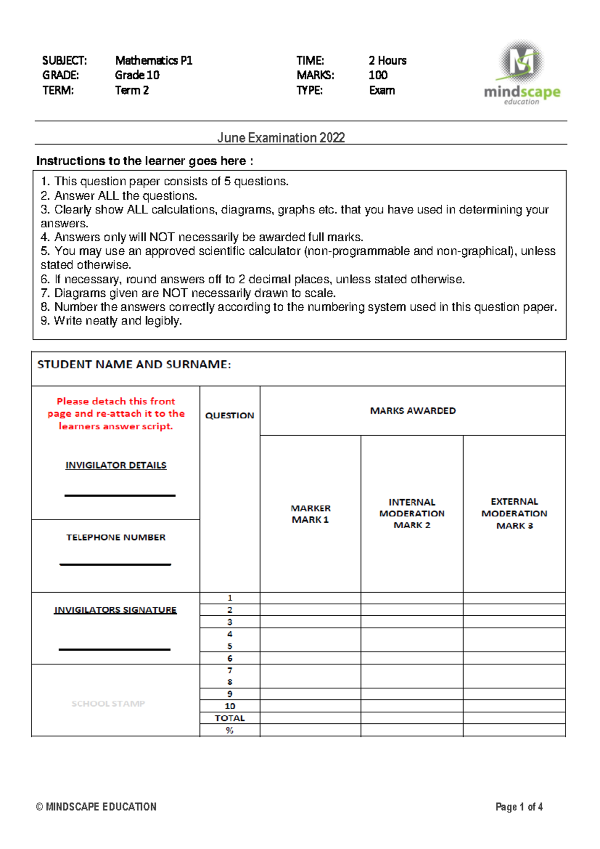 Grade 10 Mathematics June Examination Paper 1 QP - June Examination ...