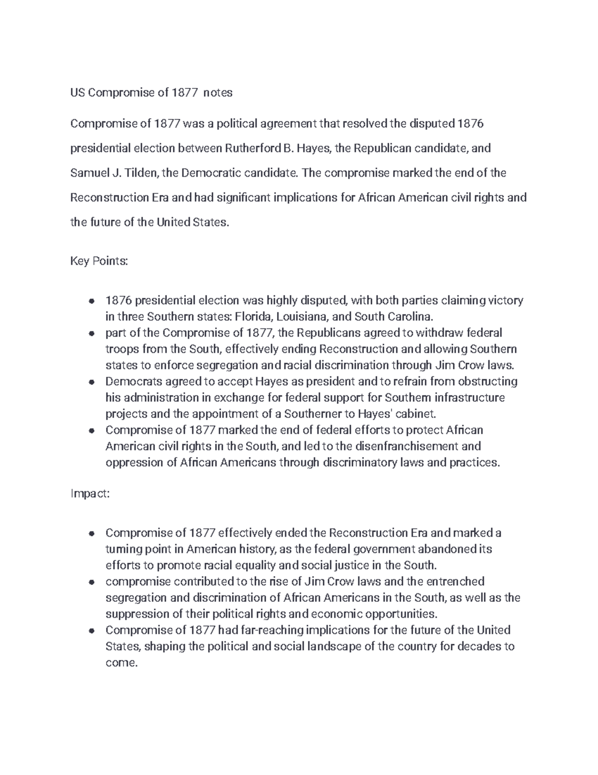 Compromise of 1877 notes - US Compromise of 1877 notes Compromise of ...