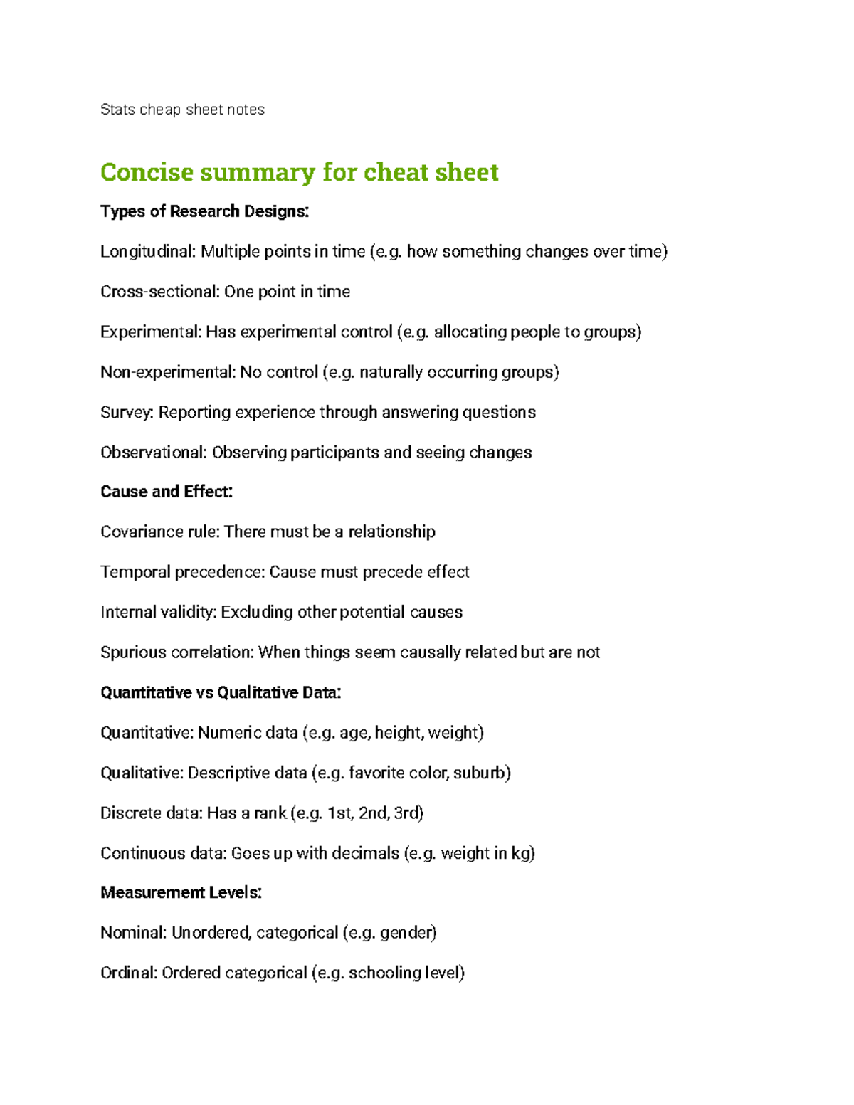 Stats cheat sheet notes - Stats cheap sheet notes Concise summary for ...
