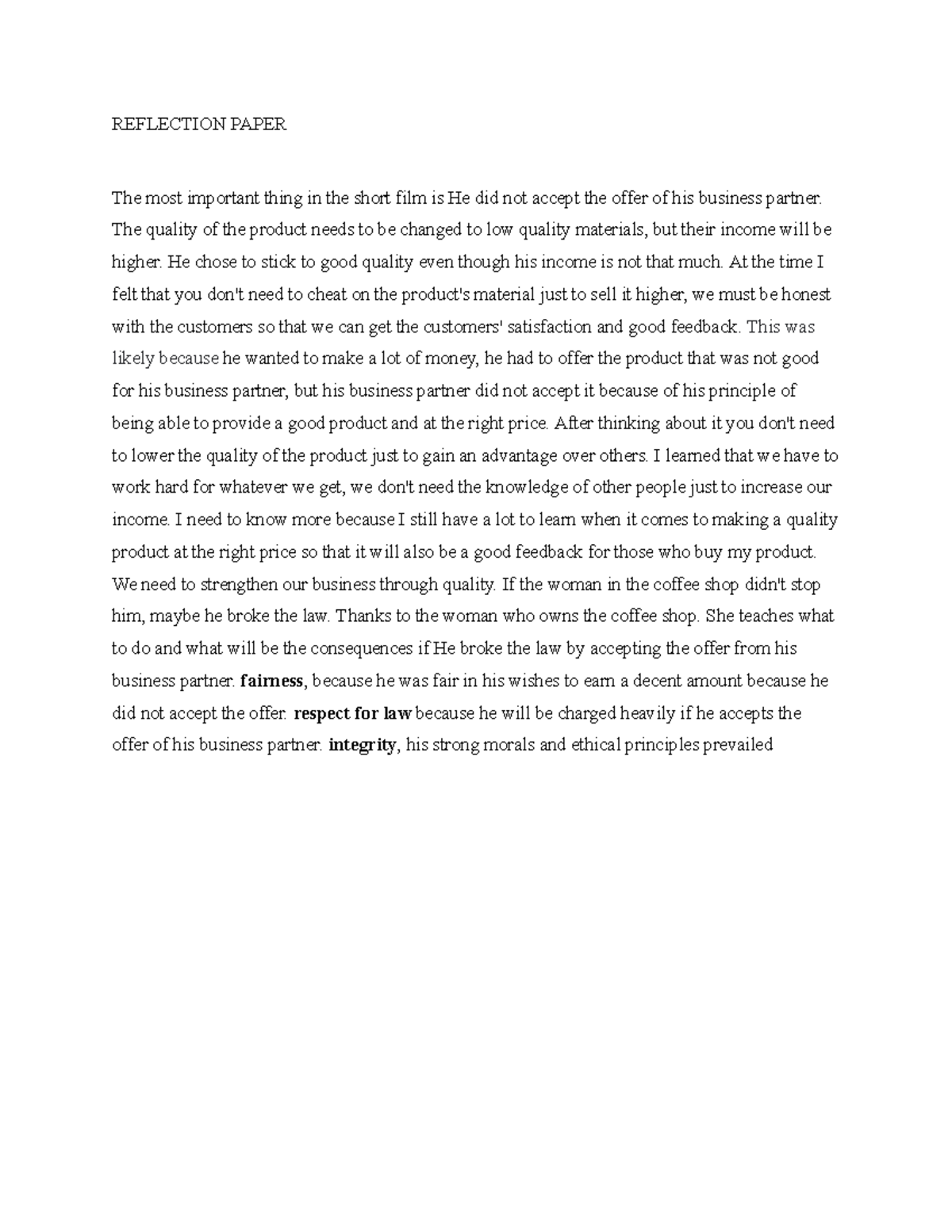 Reflection Paper - to know what is ethics - REFLECTION PAPER The most ...