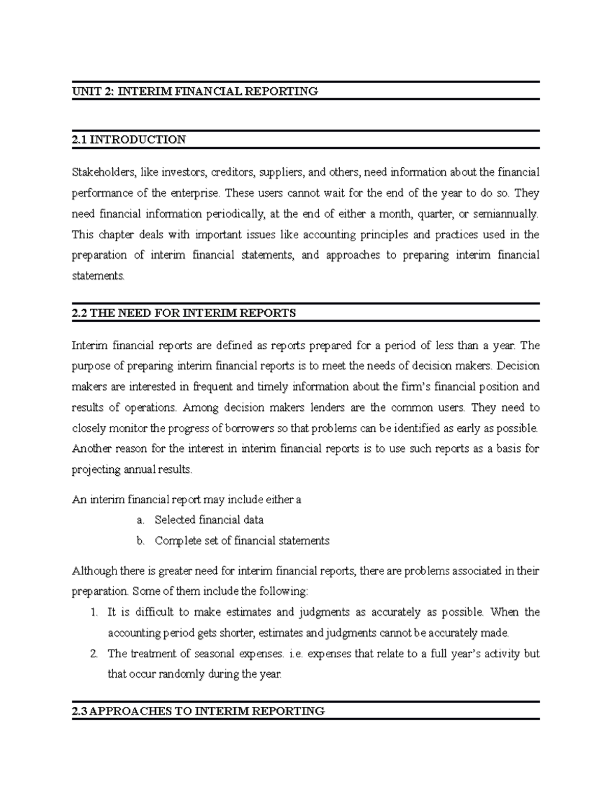 Advanced Accounting Unit 2 - UNIT 2: INTERIM FINANCIAL REPORTINGUNIT 2: INTERIM FINANCIAL ...