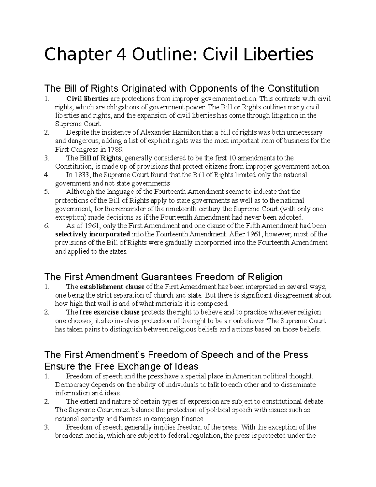 Chapters 4-6 outline - Notes. - Chapter 4 Outline: Civil Liberties The ...