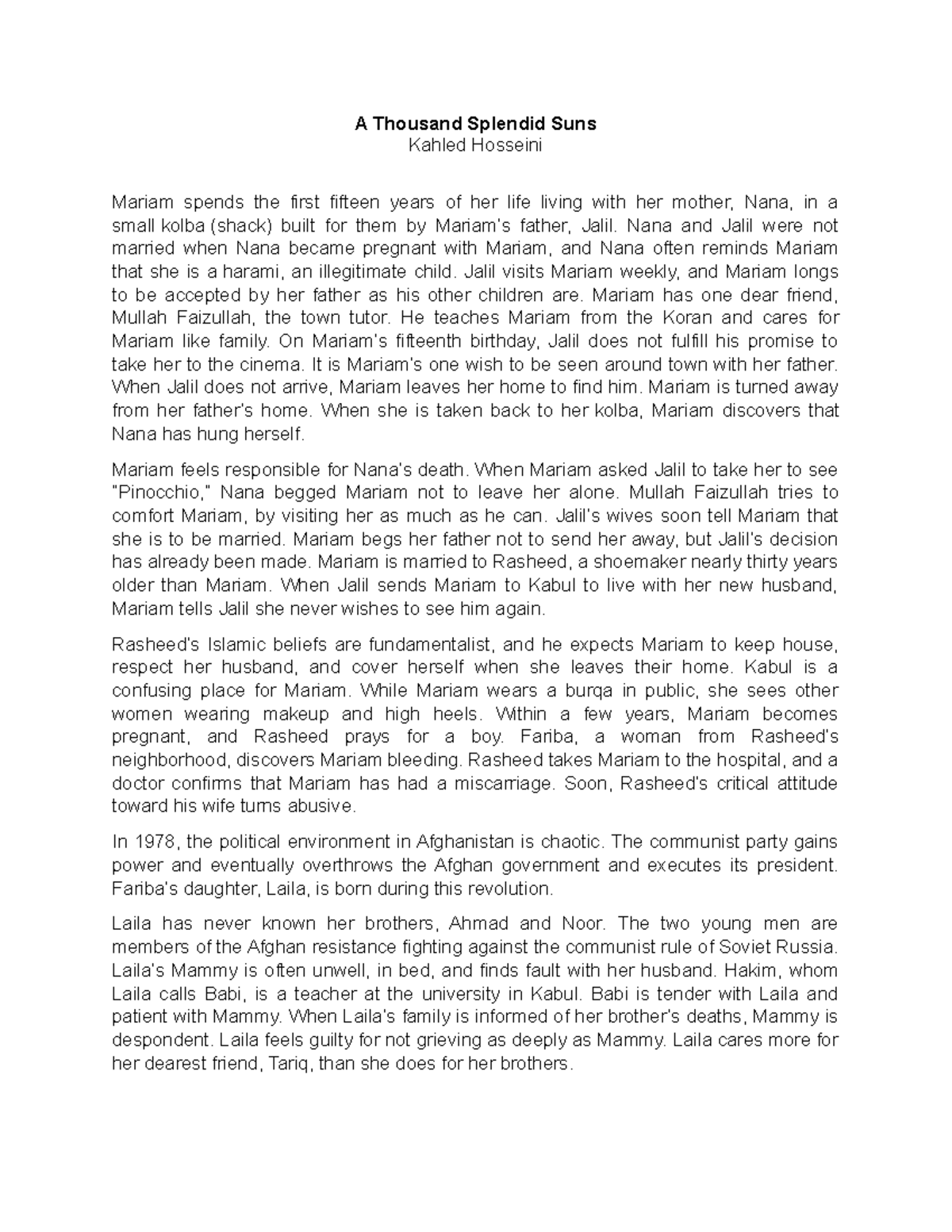 A Thousand Splendid Suns - A Thousand Splendid Suns Kahled Hosseini ...