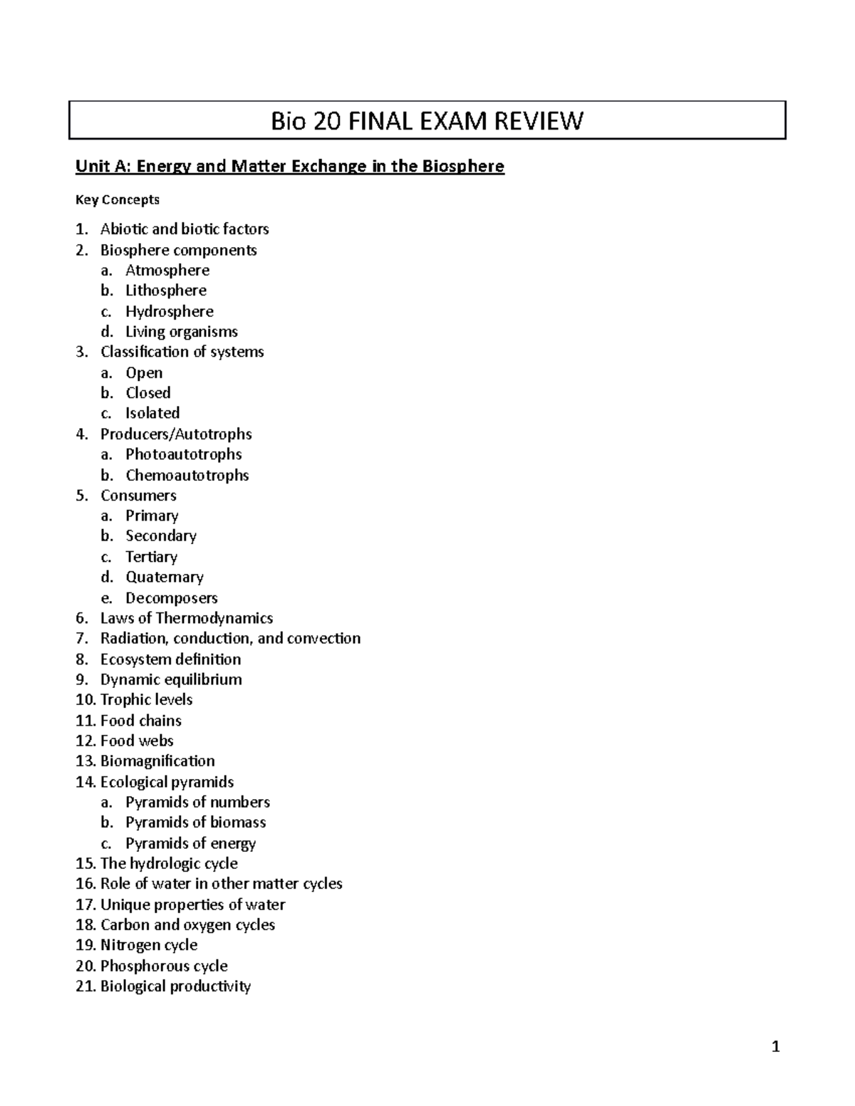 Bio 20 Final EXAM Review Q1 2020 - Bio 20 FINAL EXAM REVIEW Unit A ...