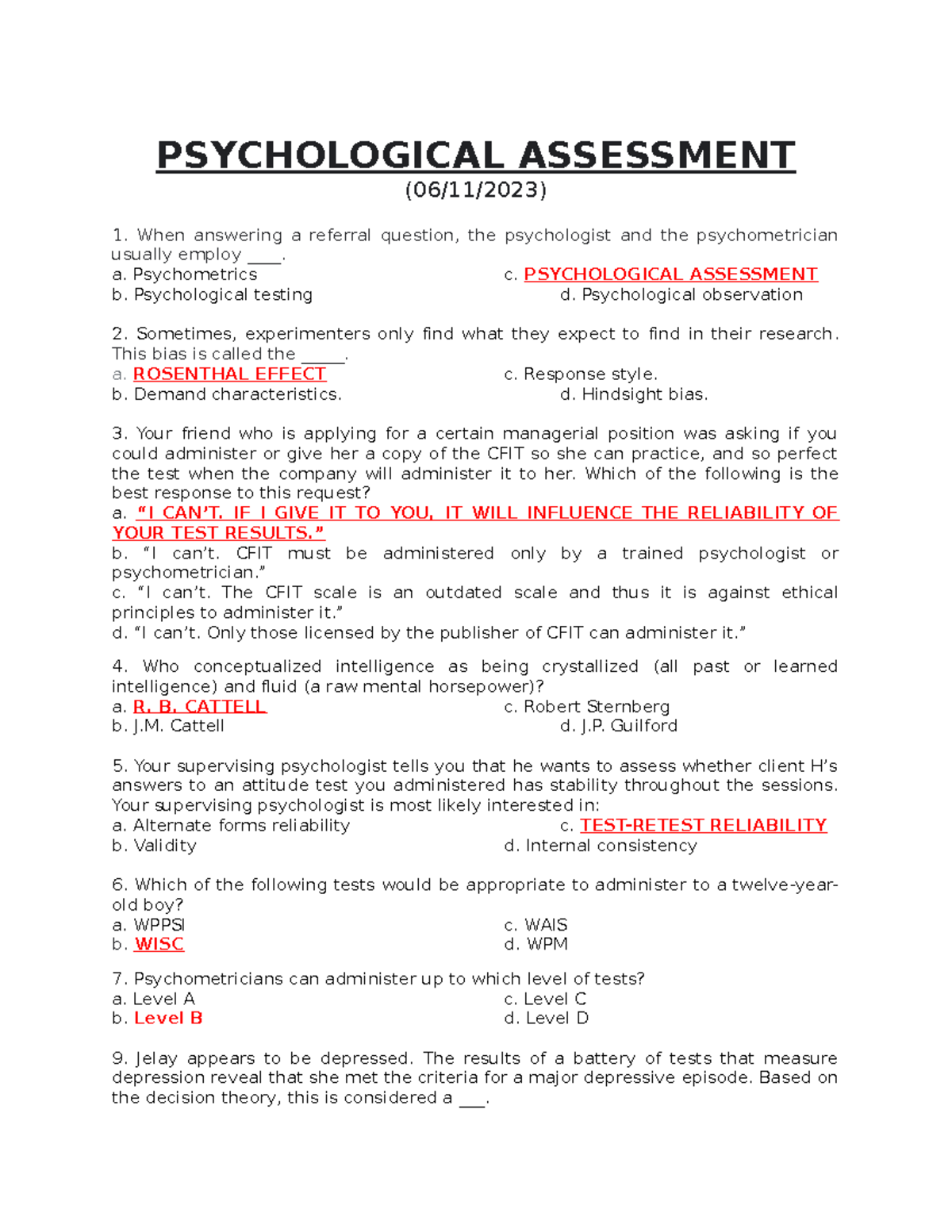 Yorme - 1. When answering a referral question, the psychologist and the ...