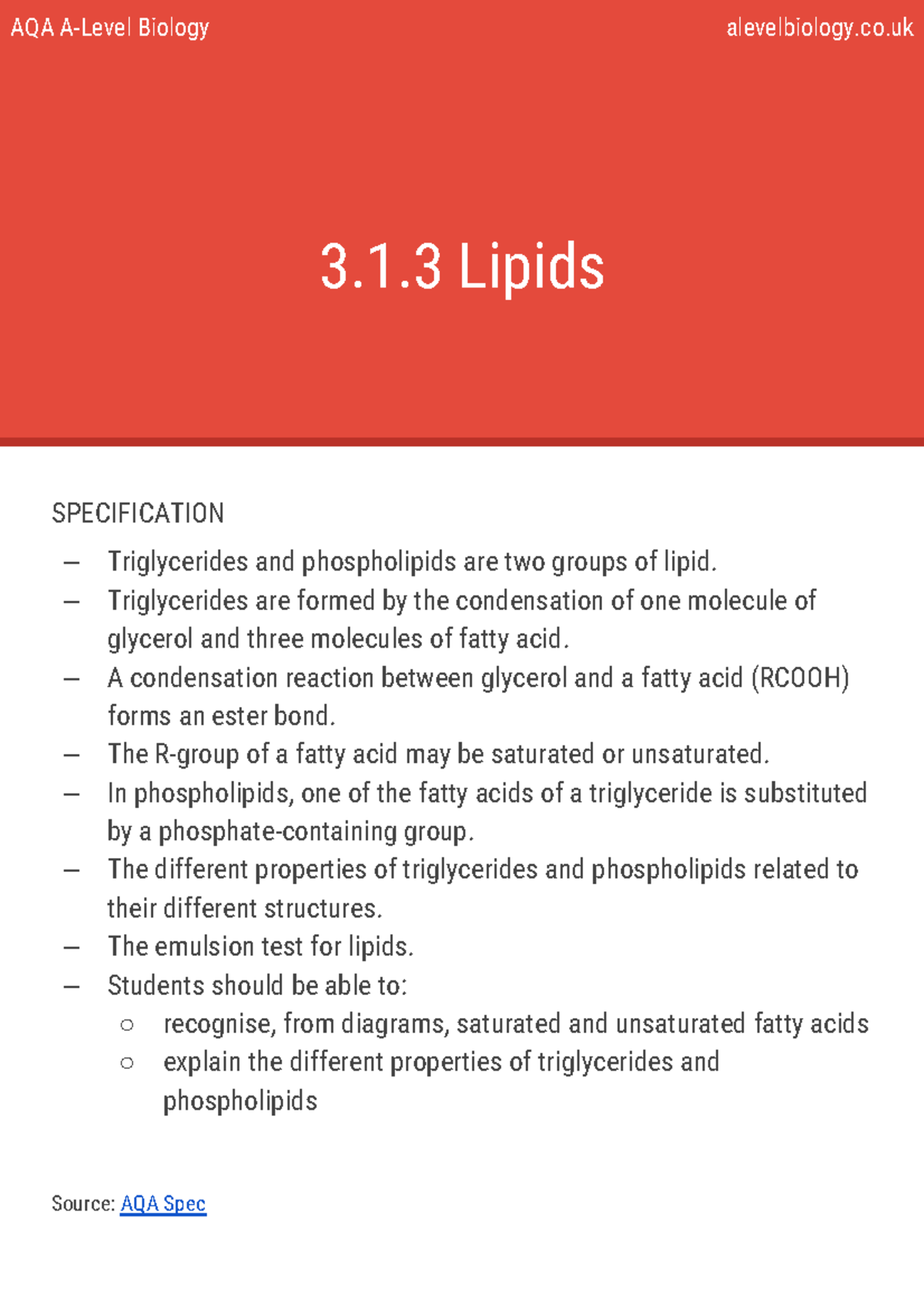AQA AS Biology lipids - AQA A-Level Biology alevelbiology.co 3.1 Lipids ...