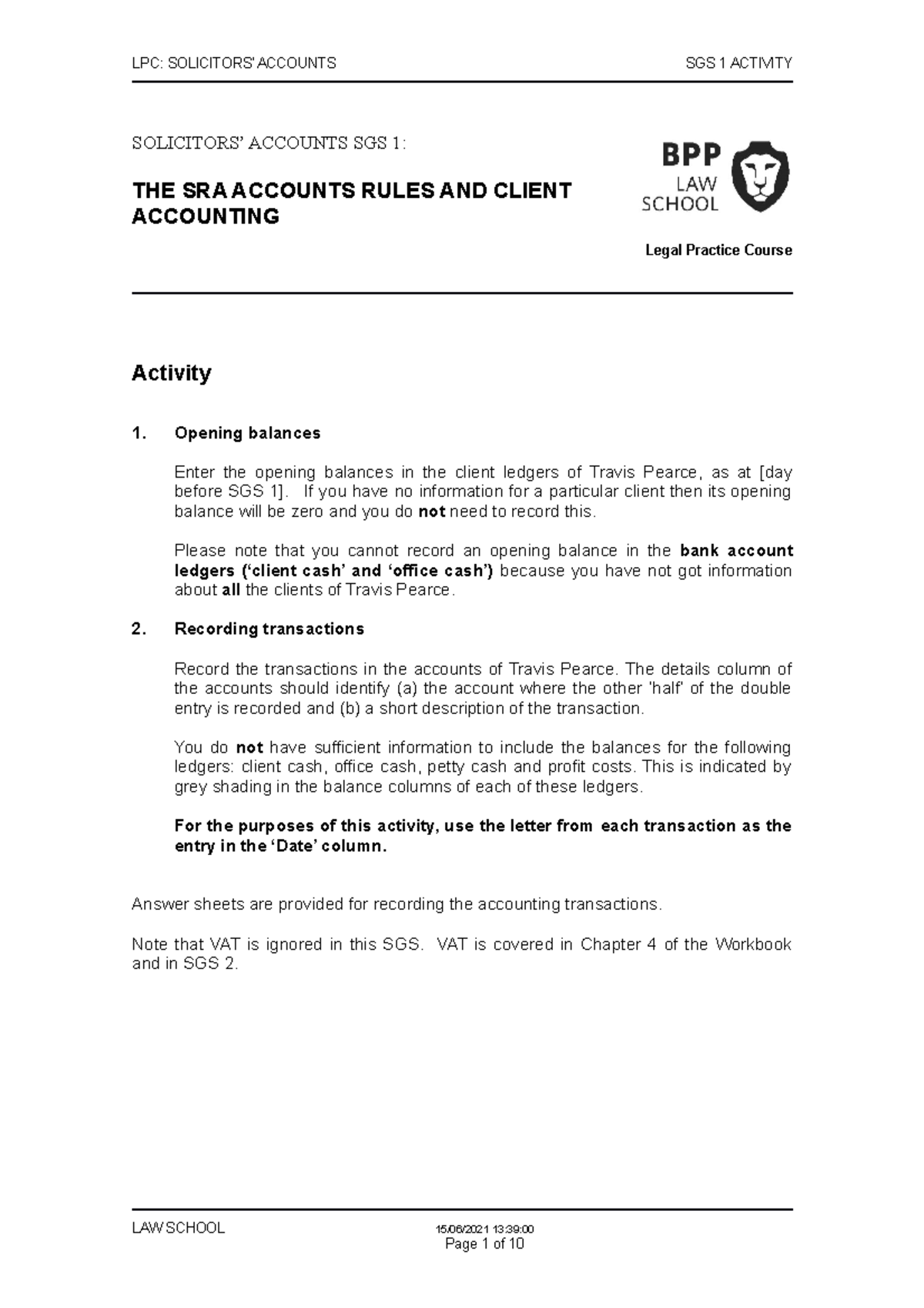 SA SGS 1 Activity Pack 2022-23 - SOLICITORS’ ACCOUNTS SGS 1: THE SRA ...