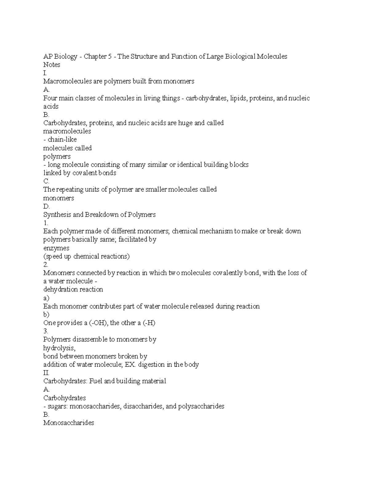 AP Notes AP Biology Chapter 5 The Structure And Function Of