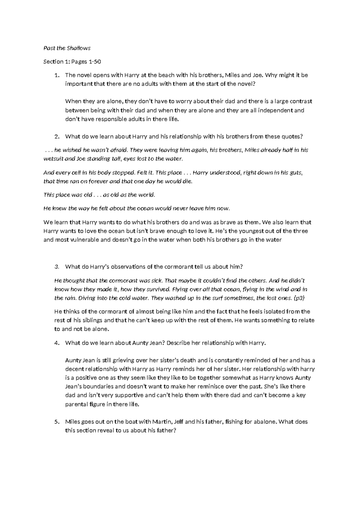 Past the Shallows Part 1 Study Guide - Pages 1-50 - Past the Shallows ...