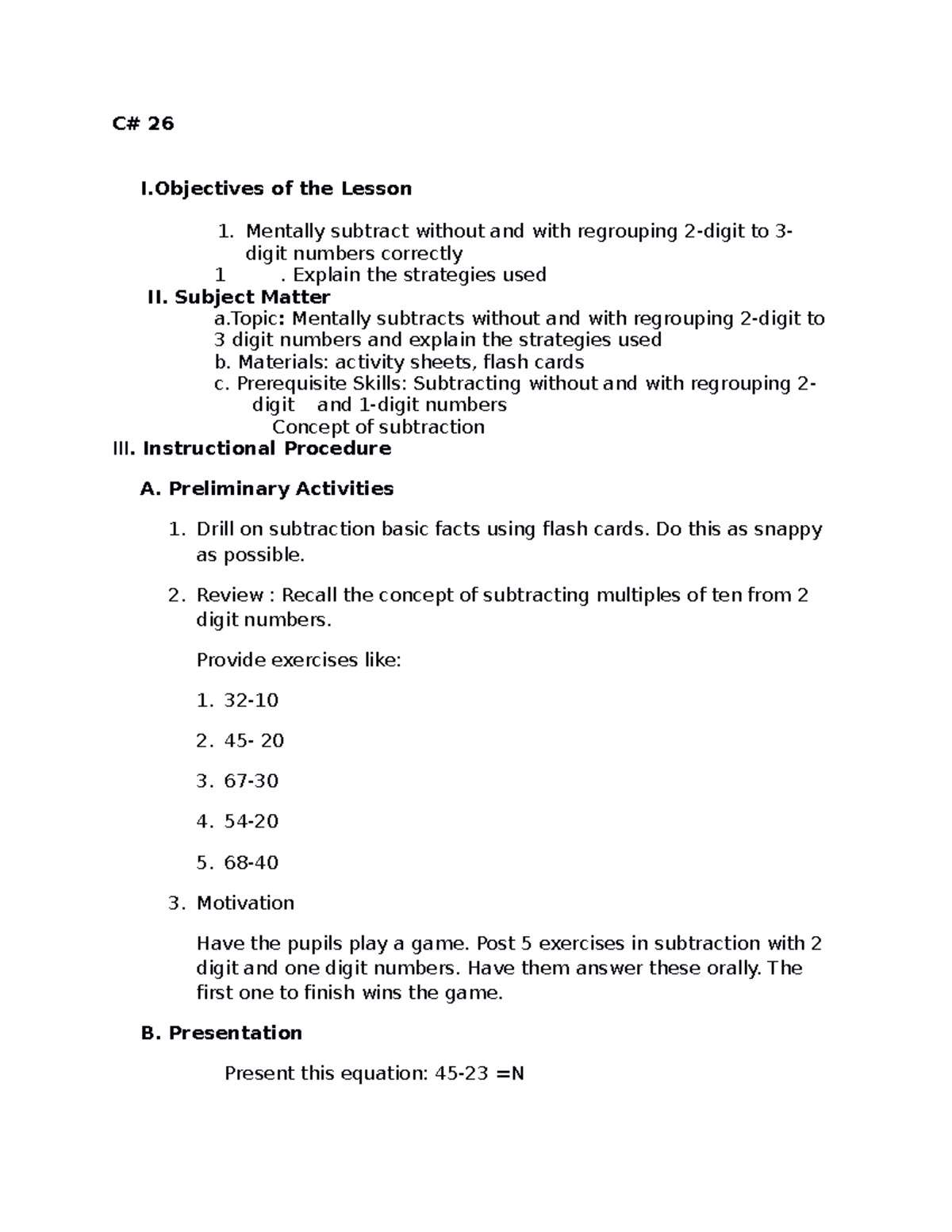 Lessons-24 - LESSON PLAN - C# 26 I of the Lesson 1. Mentally subtract ...