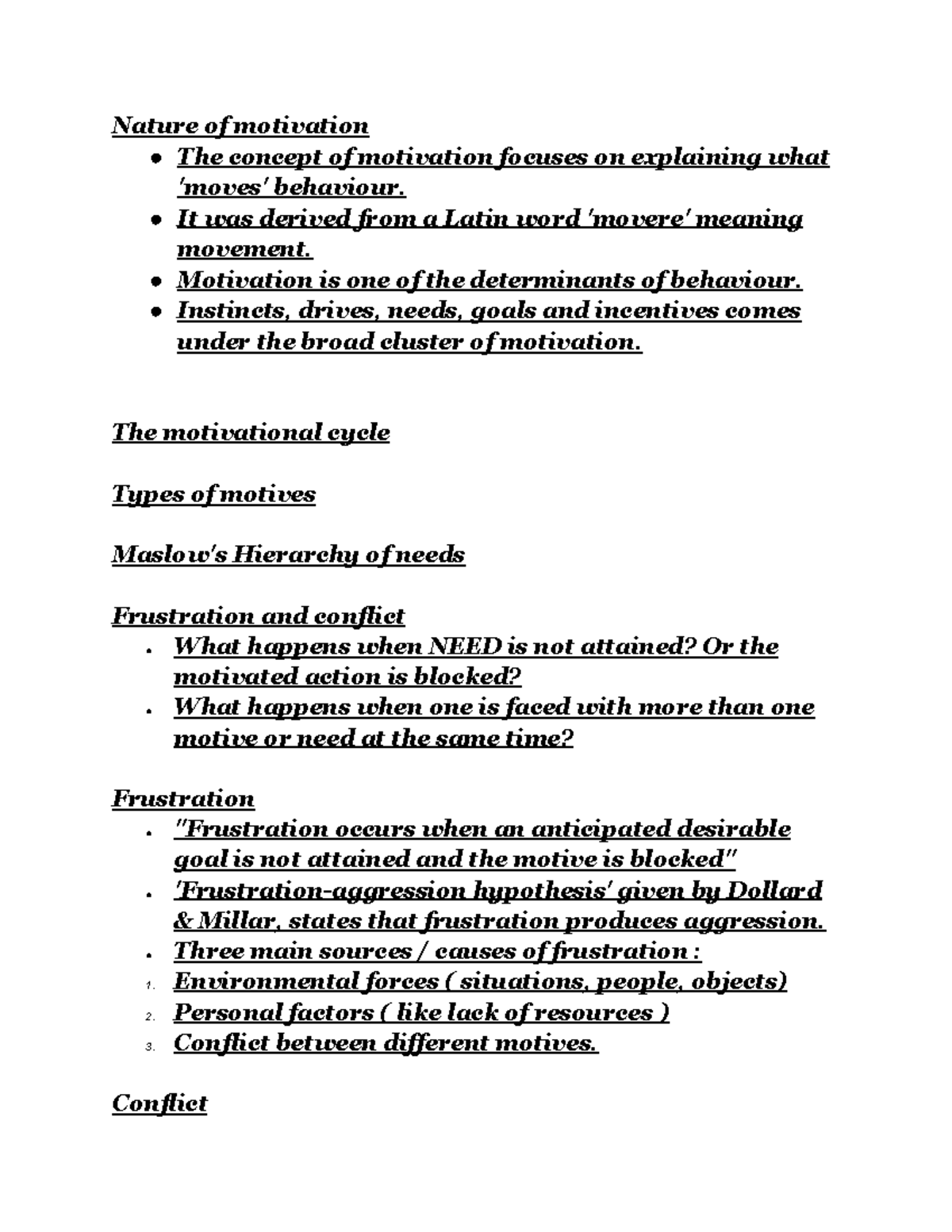 in class lecture notes - Nature of motivation The concept of motivation ...