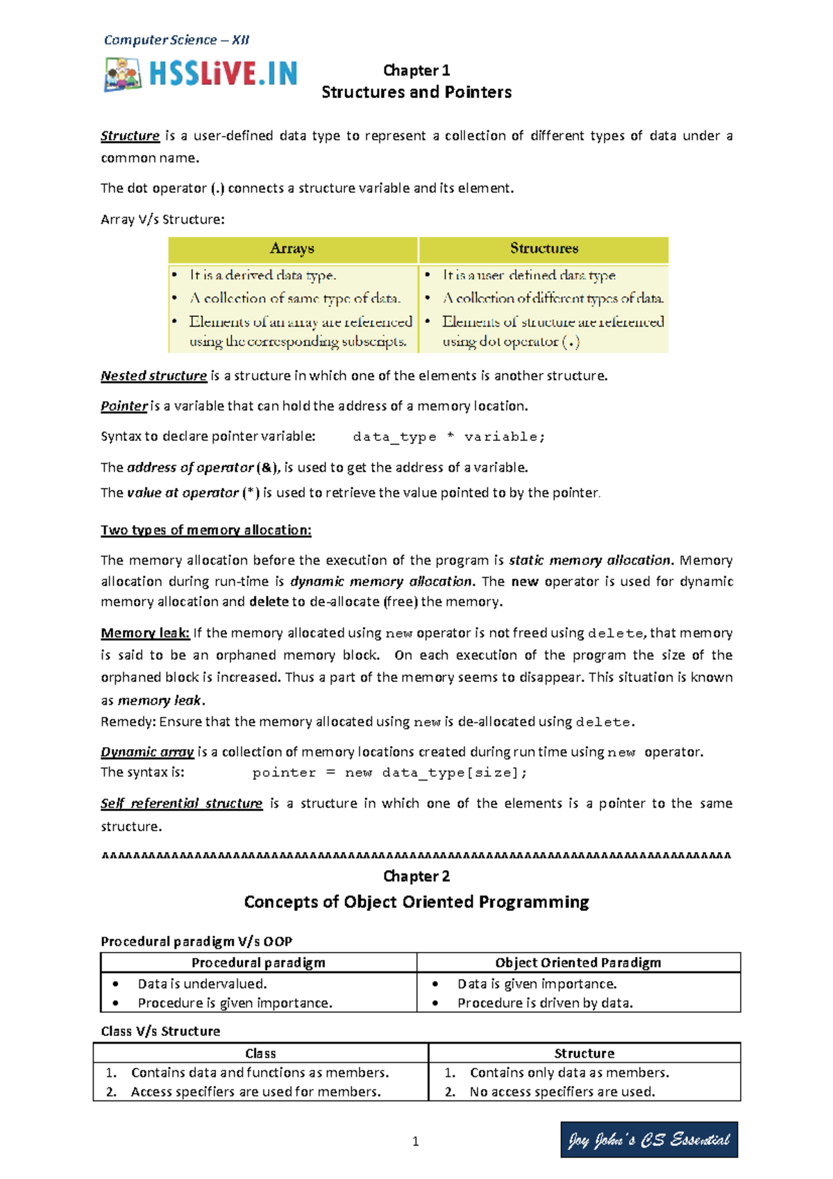 Hsslive XII CS short notes joy john - Chapter 1 Structures and Pointers ...