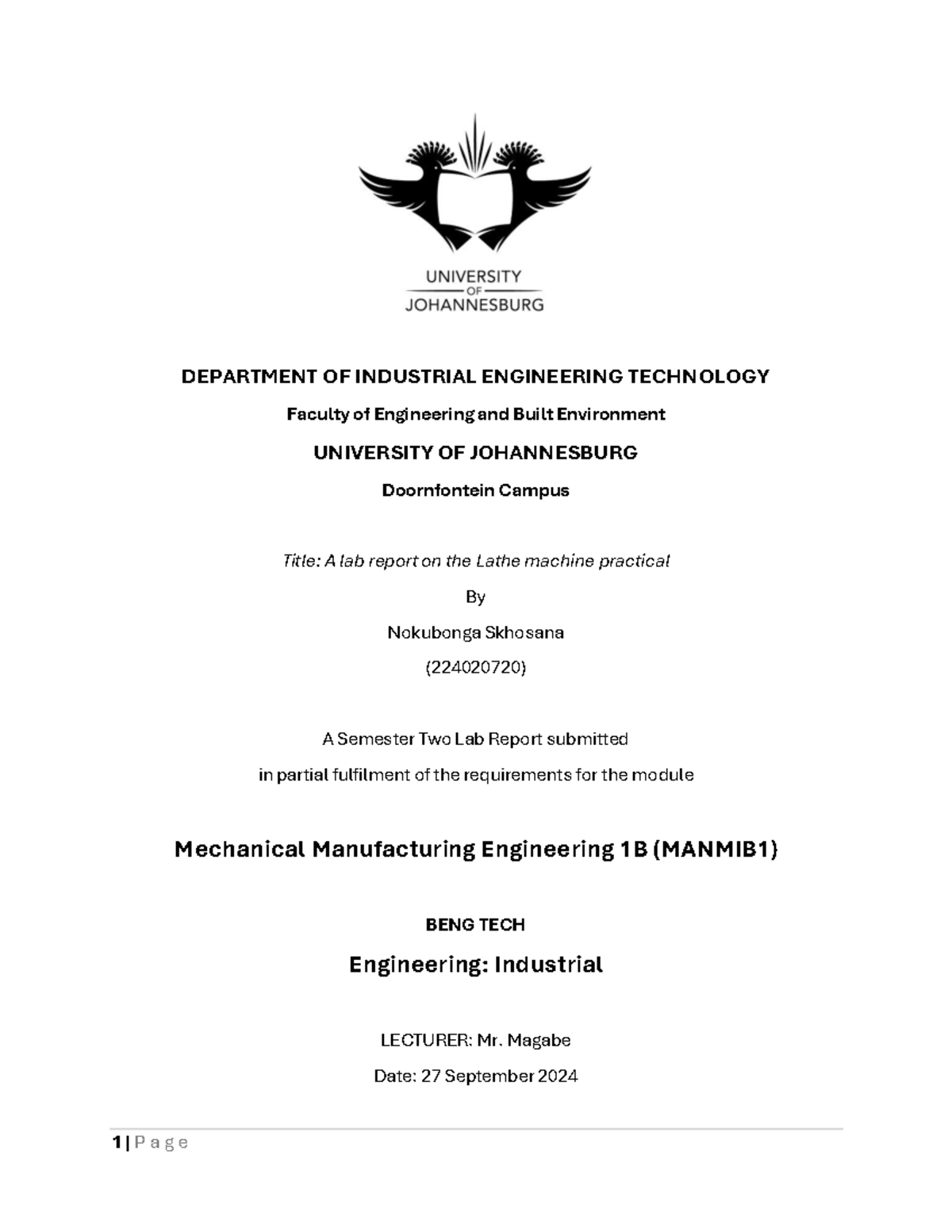 Lathe machine lab report - DEPARTMENT OF INDUSTRIAL ENGINEERING ...